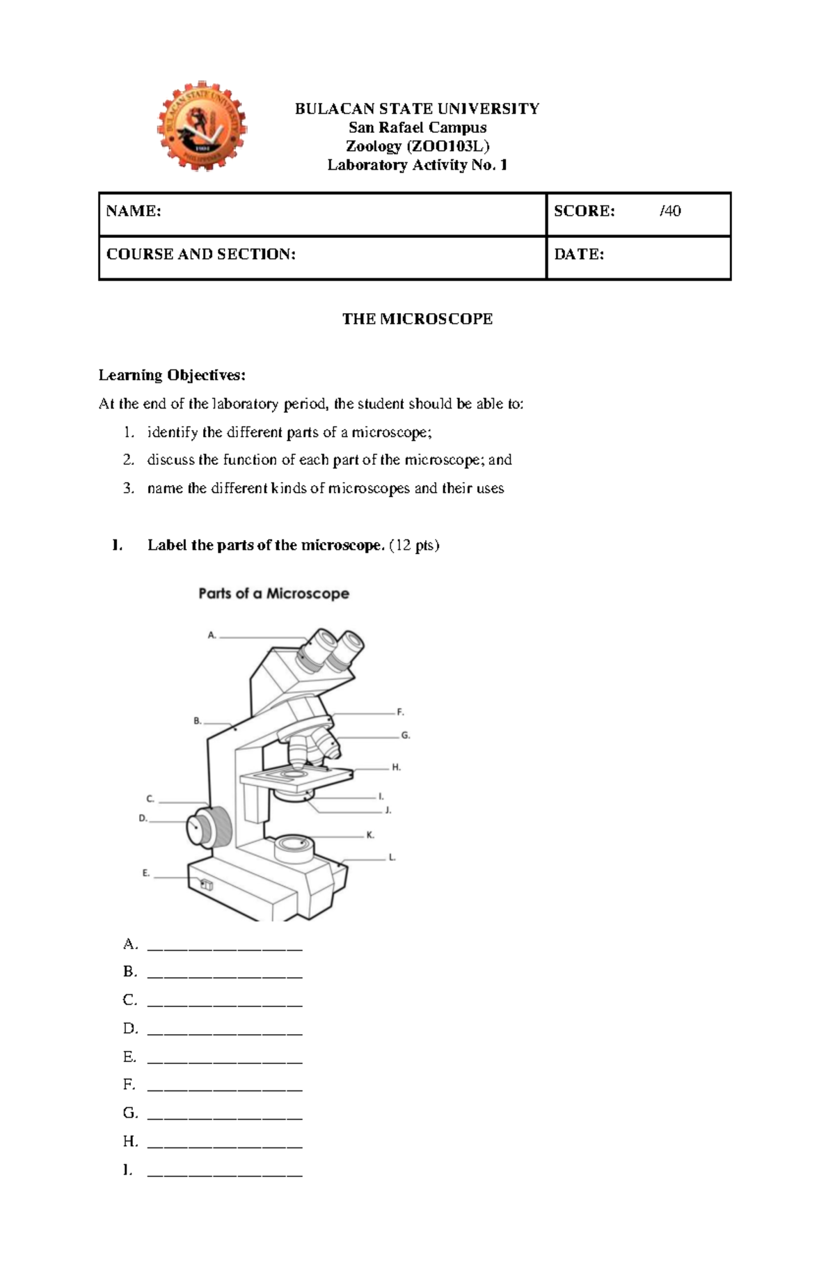 Laboratory Activity 1 The Microscope - BULACAN STATE UNIVERSITY San ...