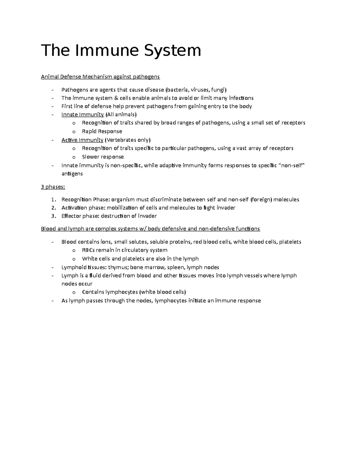 Immune System - For Prof. Pettit's Course - The Immune System Animal ...