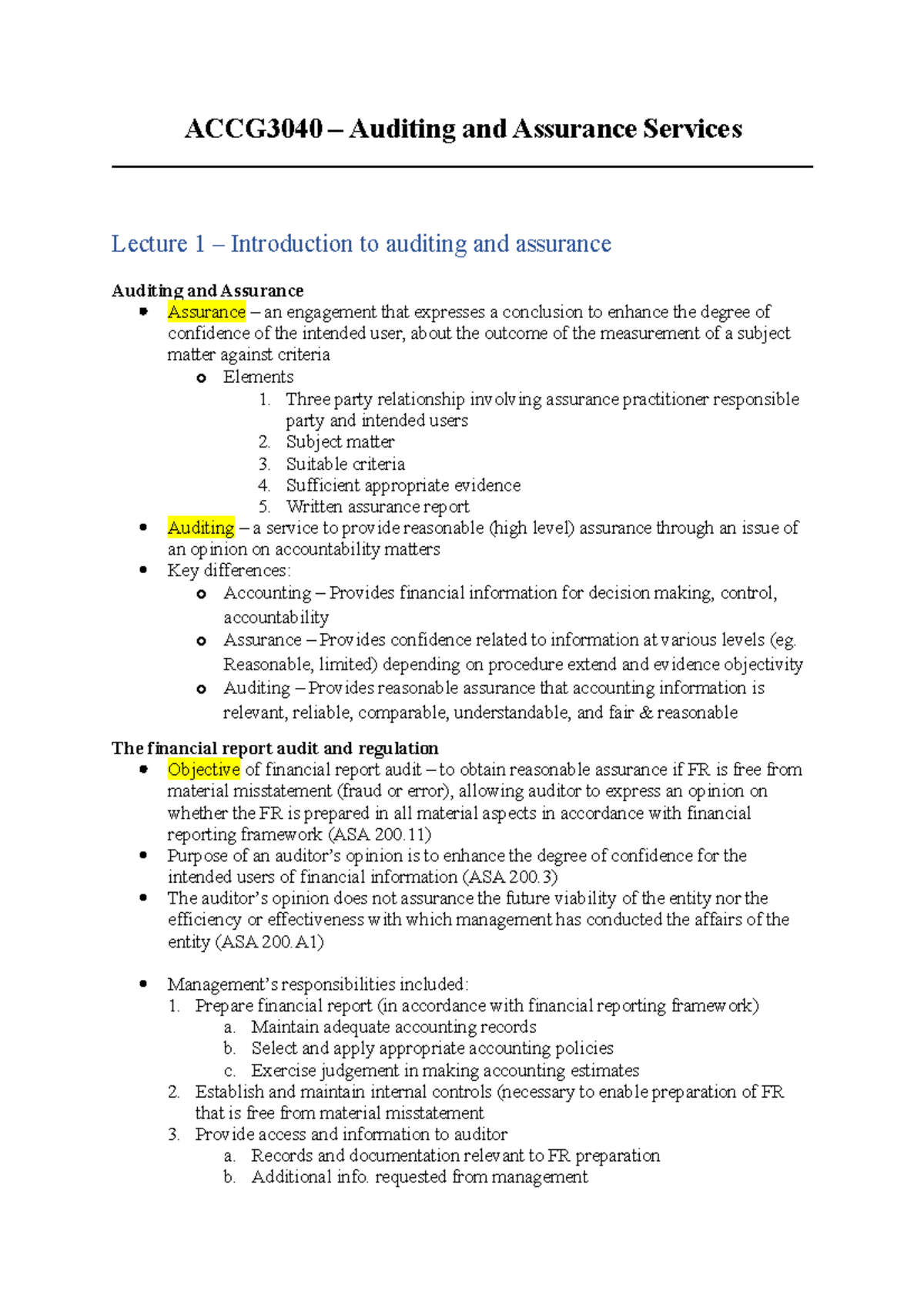 ACCG3041 Week 1 - ACCG3040 – Auditing and Assurance Services Lecture 1 ...
