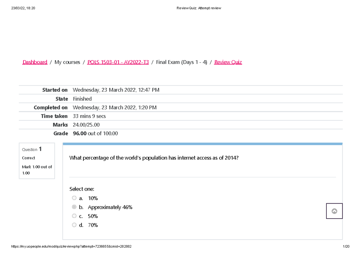 Review Quiz Attempt review - POLS 1503 - UoPeople - Studocu