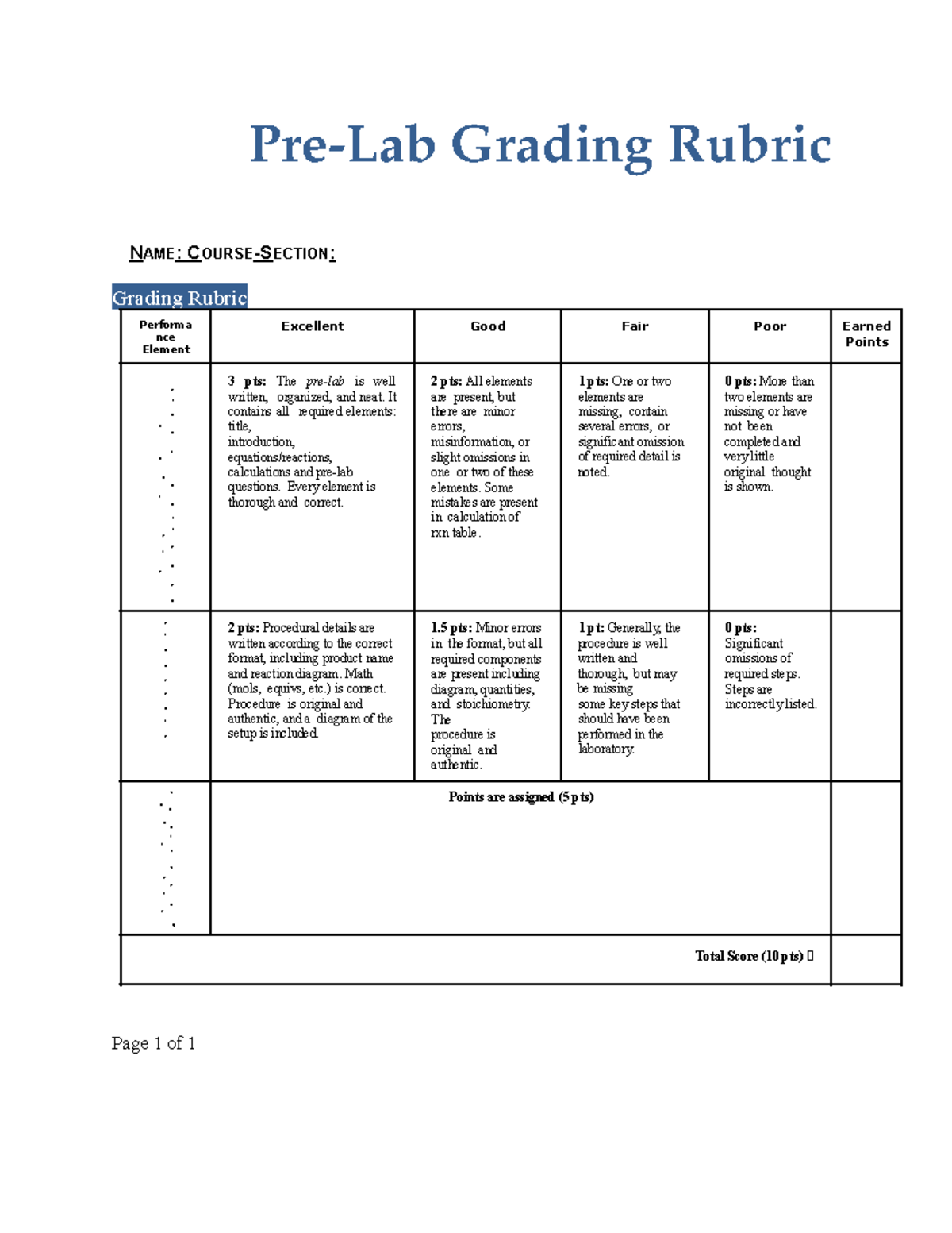 Chem 233 pre lab 1 - pre lab - Pre-Lab Grading Rubric NAME: COURSE ...