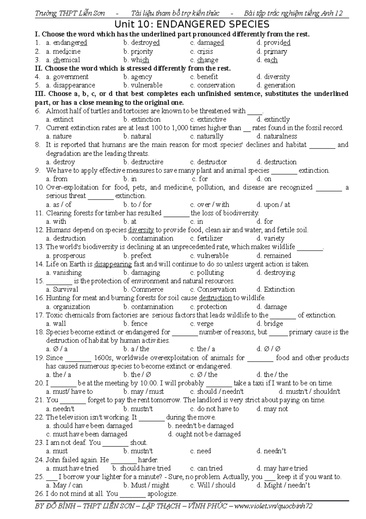 Unit 10 Endangered species - Trường THPT Liễn Sơn - Tài liệu tham bổ ...