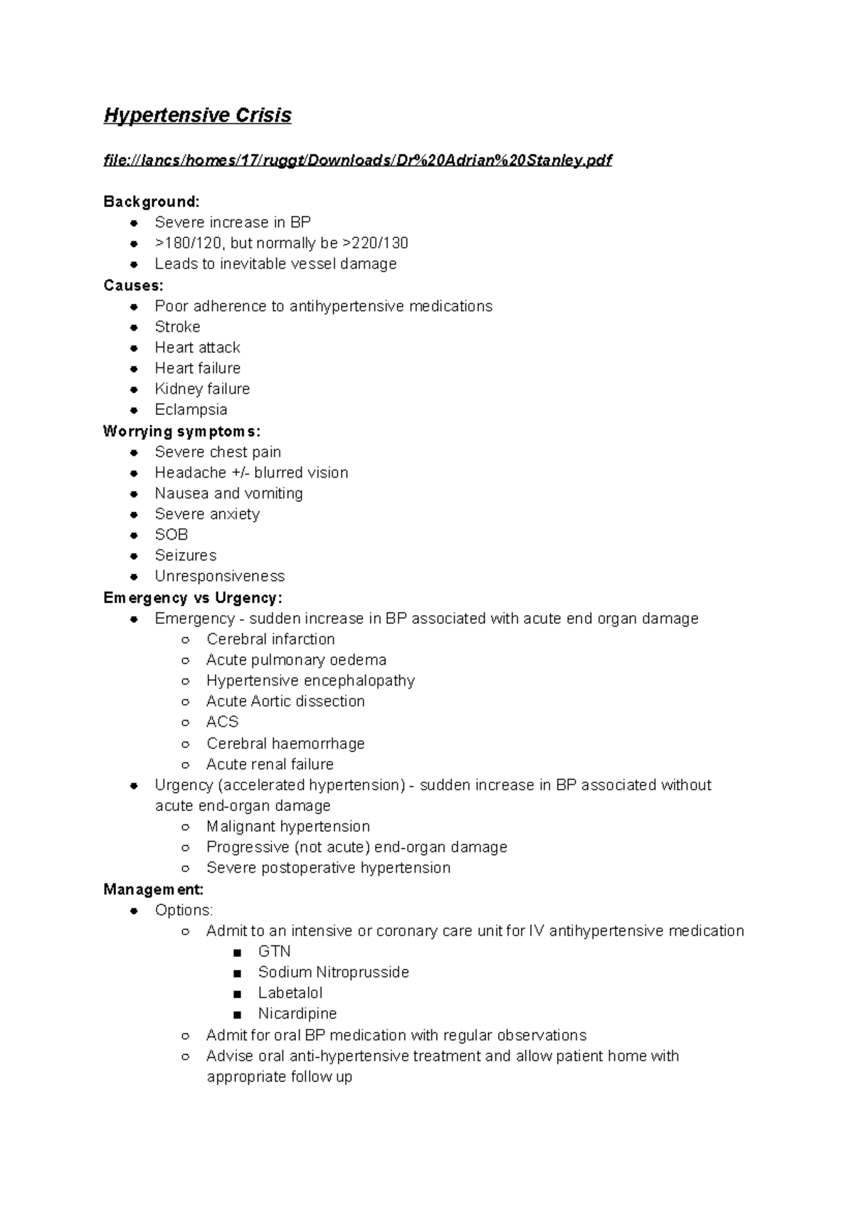 Hypertensive Crisis - Lecture notes Year 4 - Hypertensive Crisis - Studocu