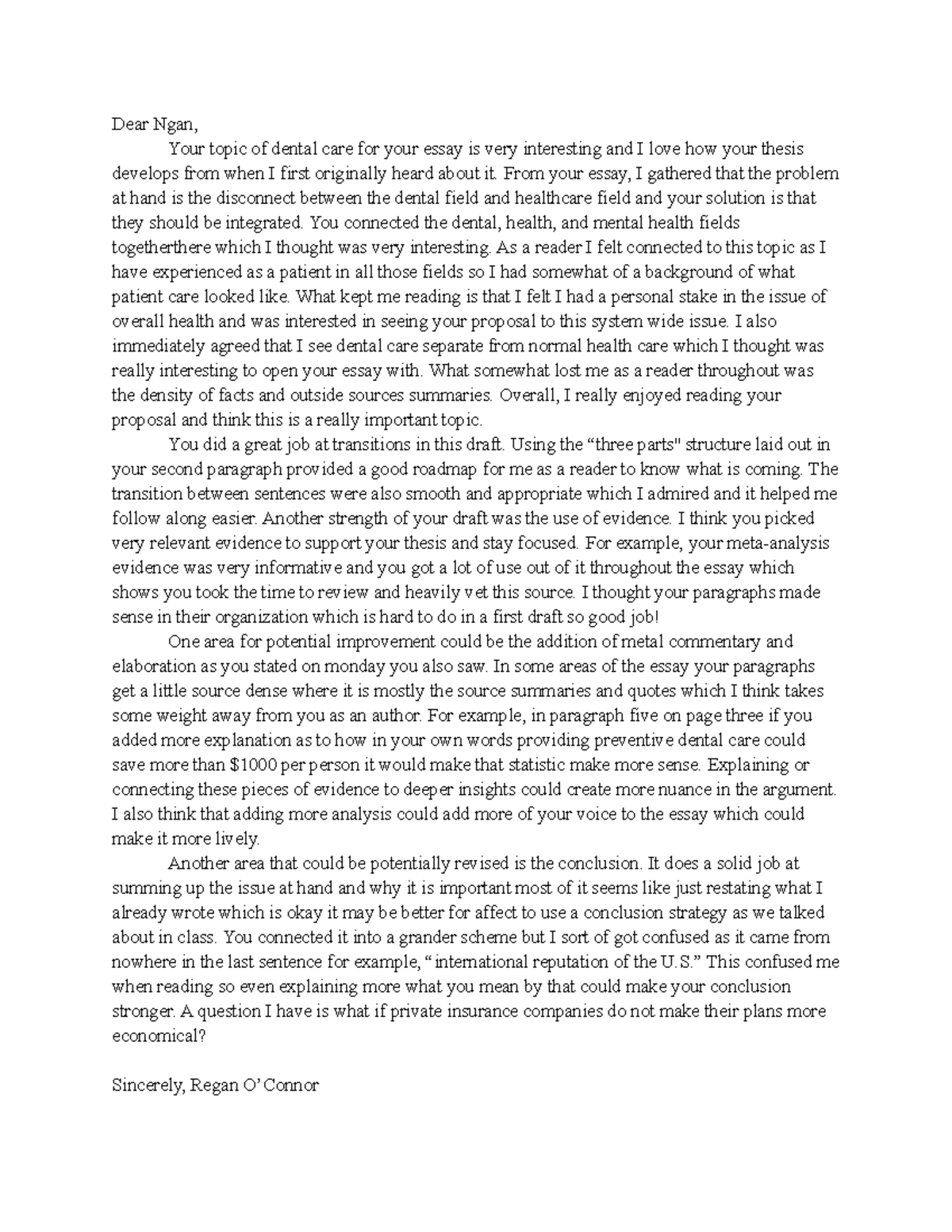 Letter to Ngan Essay #3 - assignment - Dear Ngan, Your topic of dental ...