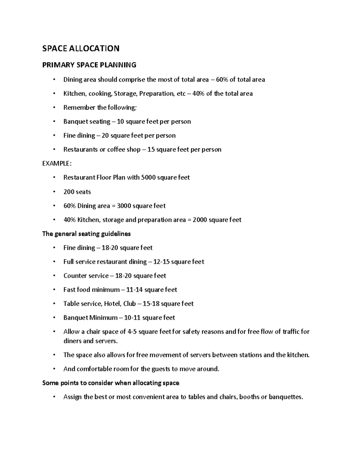 Space allocation for Restaurant - Hotel and Restaurant Administration ...