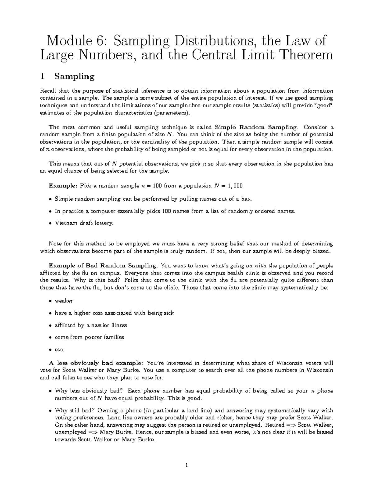 Module 6 Notes - Module 6: Sampling Distributions, the Law of Large ...