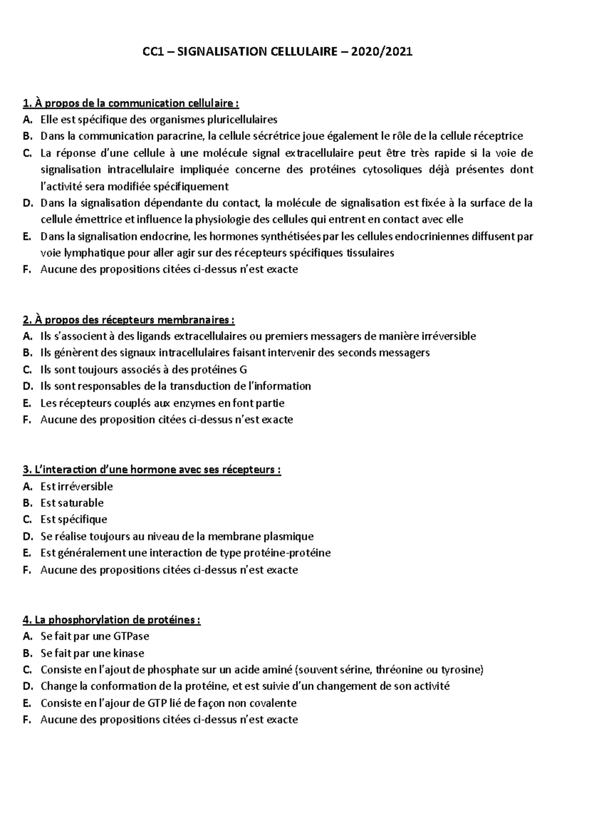 QCMs CC1+CC2 2020-2021 - CC1 – SIGNALISATION CELLULAIRE – 2020/ À ...