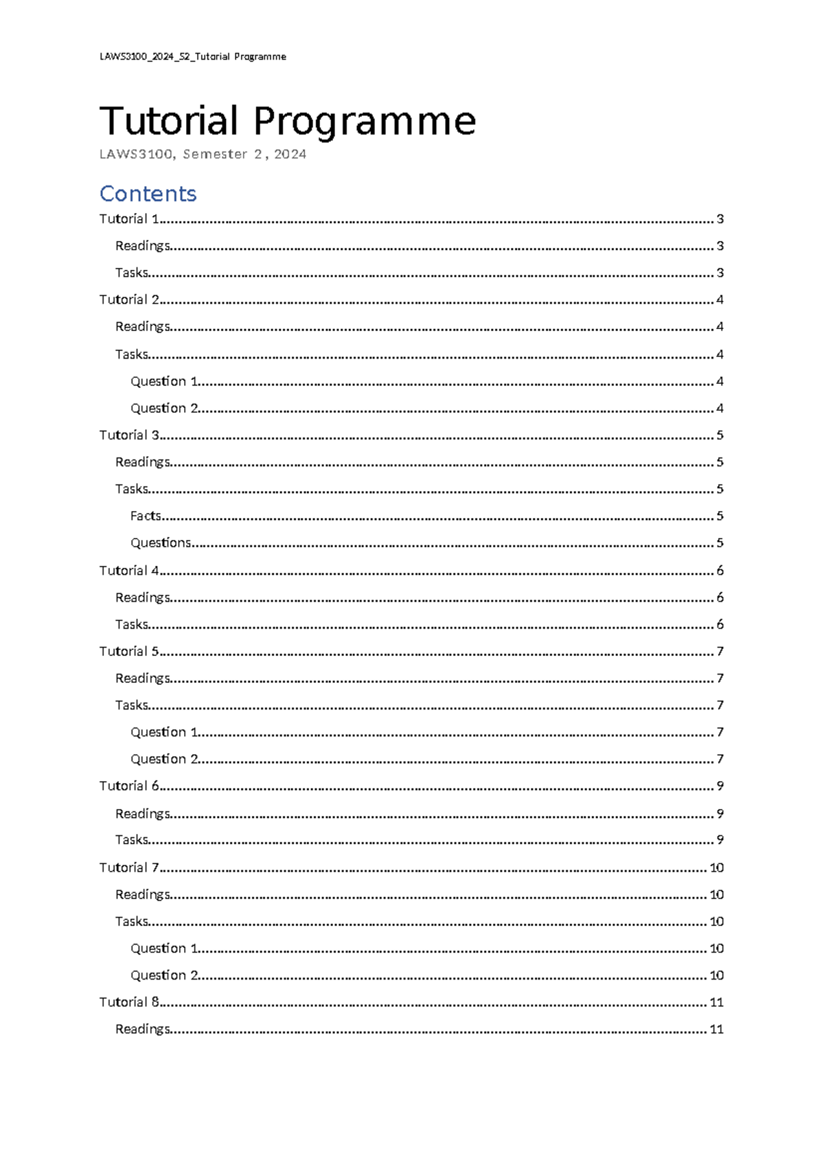 2024 Sem 2 Tutorial Programme - Tutorial Programme LAWS3100, Semester 2 ...