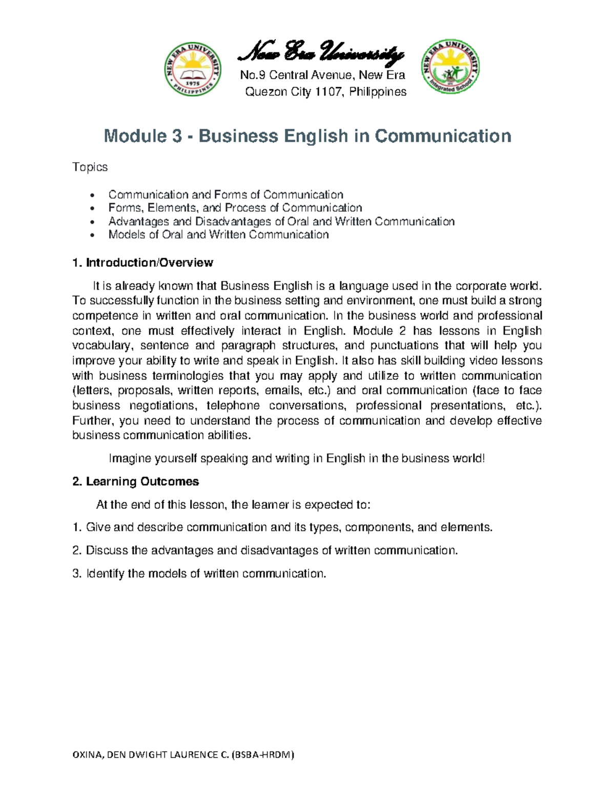 Business English ( Module 3) Notes - No Central Avenue, New Era Quezon ...