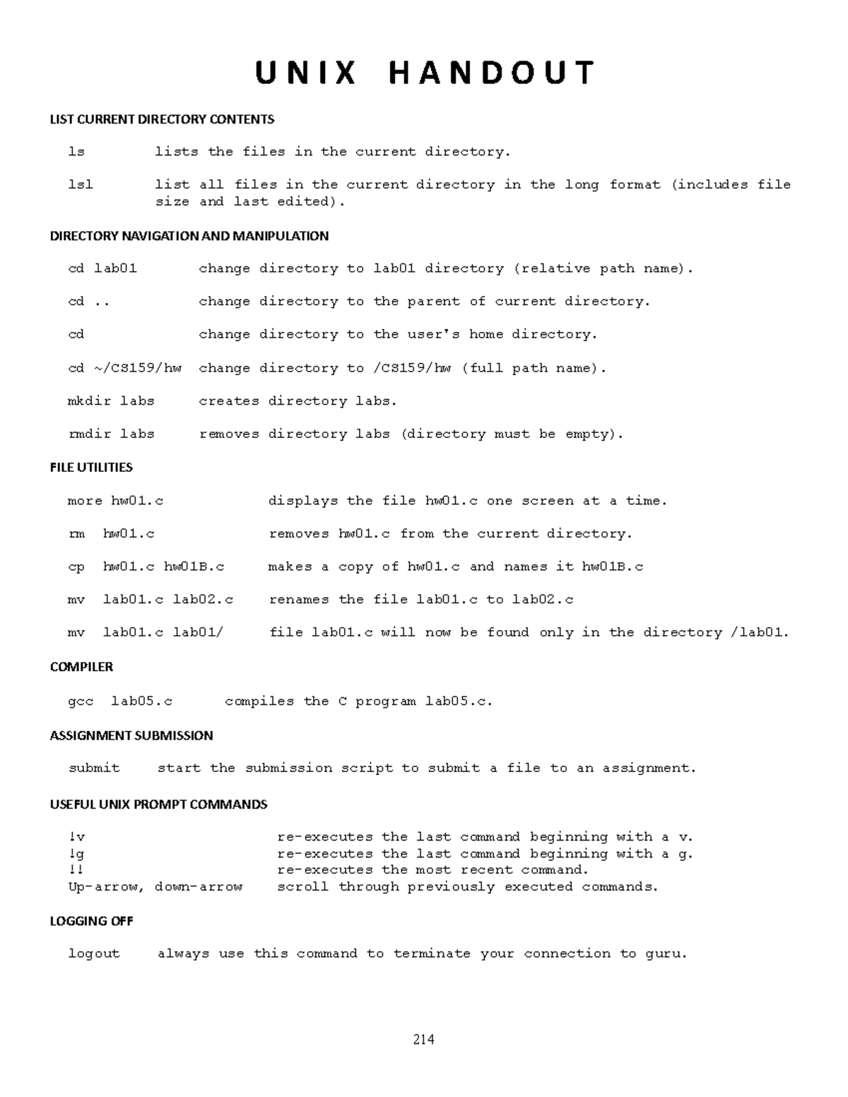 UNIX shortcuts and commands - U N I X H A N D O U T LIST CURRENT ...