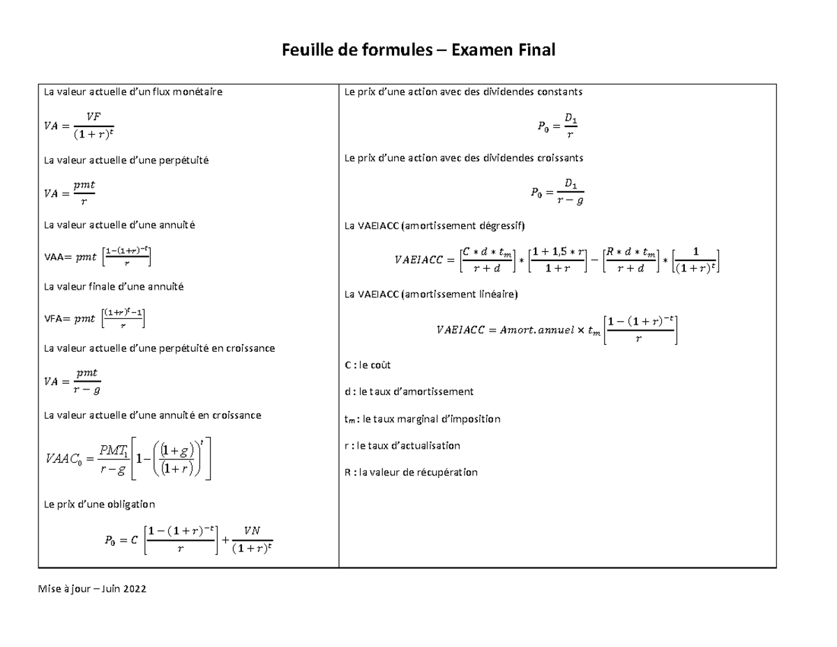 Formule INTRA FINAL - Feuille de formules – Examen Final Mise à jour ...