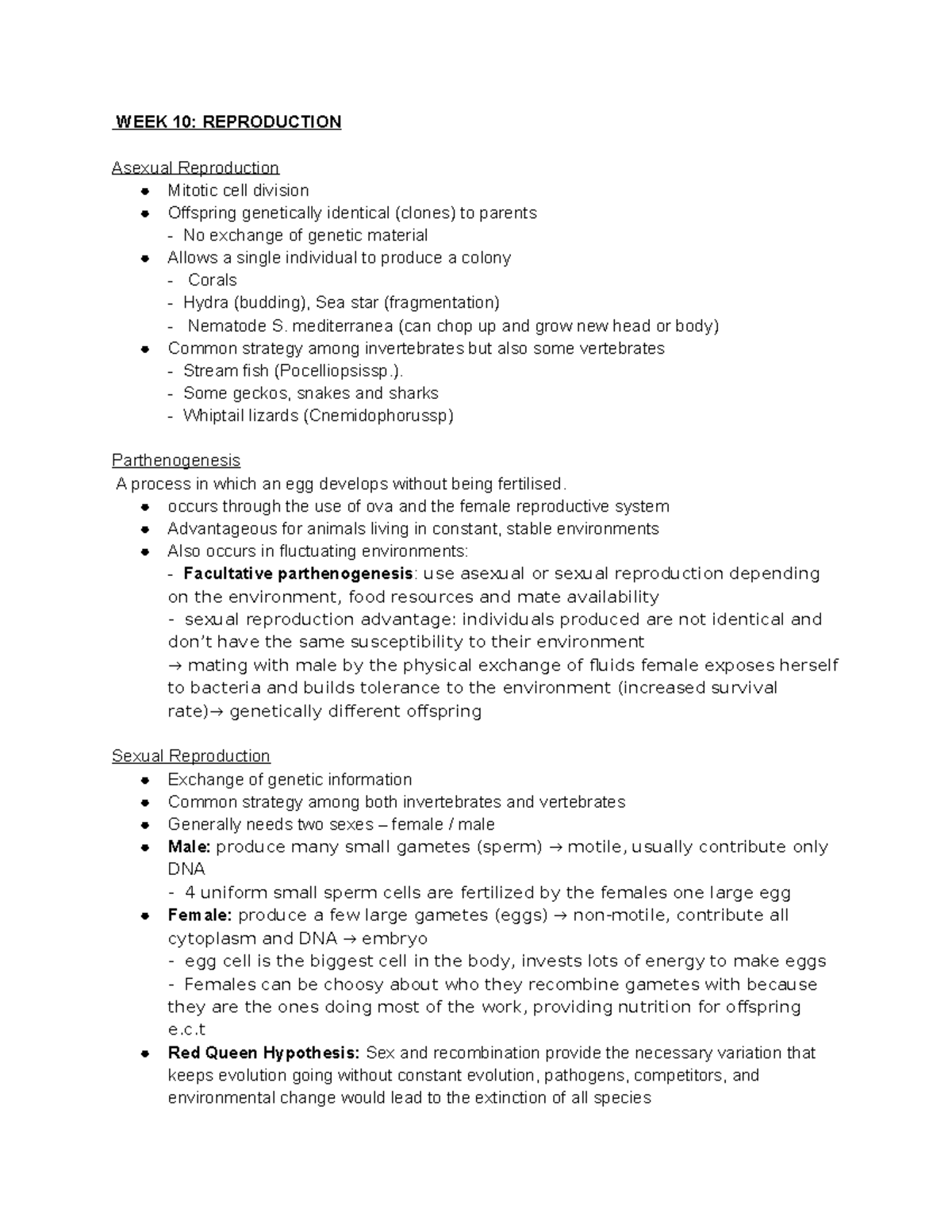 WEEK 10 Reproduction - Lecture notes 10 - WEEK 10: REPRODUCTION Asexual ...