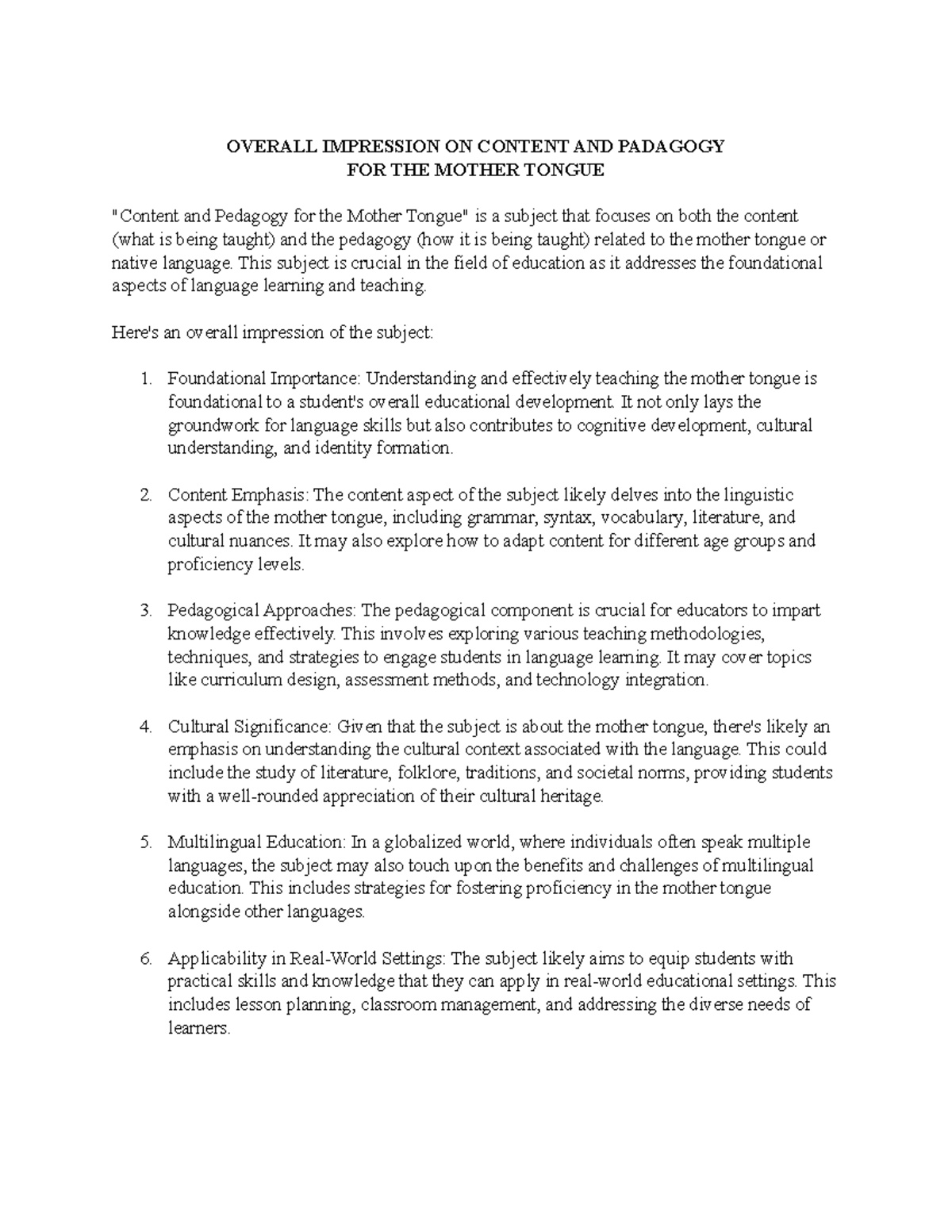 Overall Impression-MTB - OVERALL IMPRESSION ON CONTENT AND PADAGOGY FOR ...