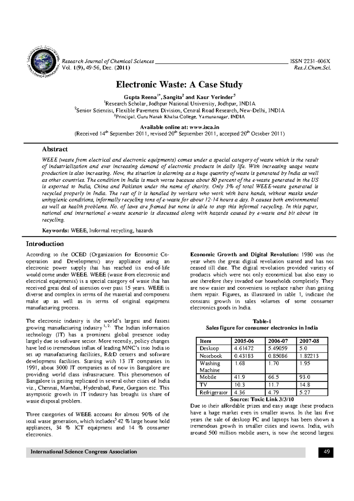 Electronic waste A Case Study - Research Journal of Chemical Sciences ...