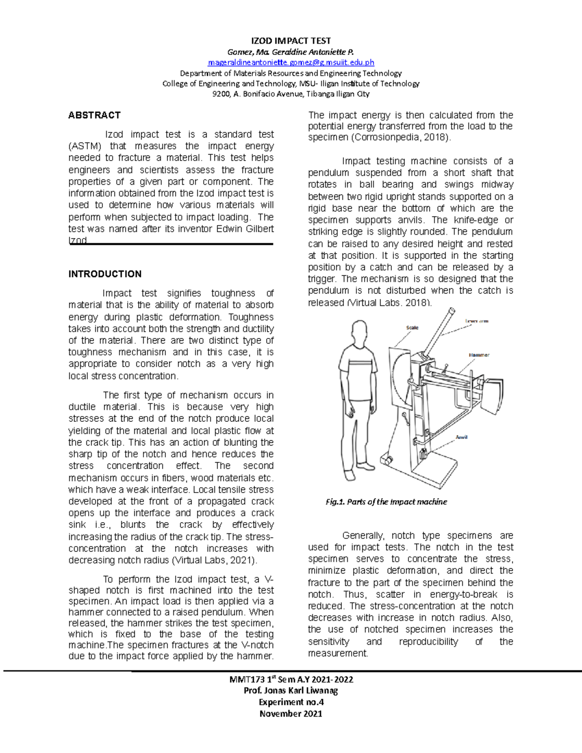IZOD Impact TEST LAB Report - Fundamentals of Materials Science and ...