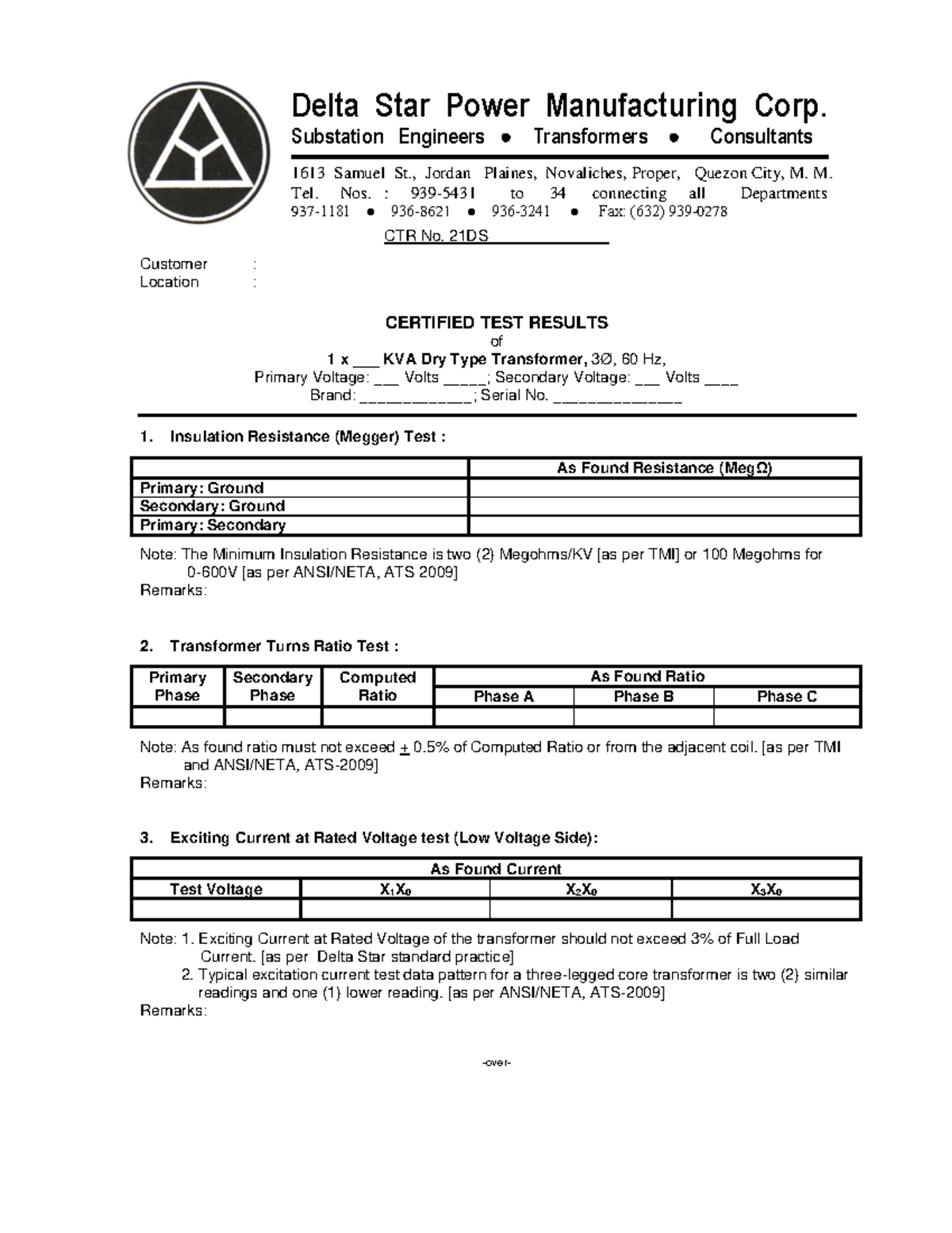 Transformer T&C form - CTR No. 21DS______________ Customer : Location ...