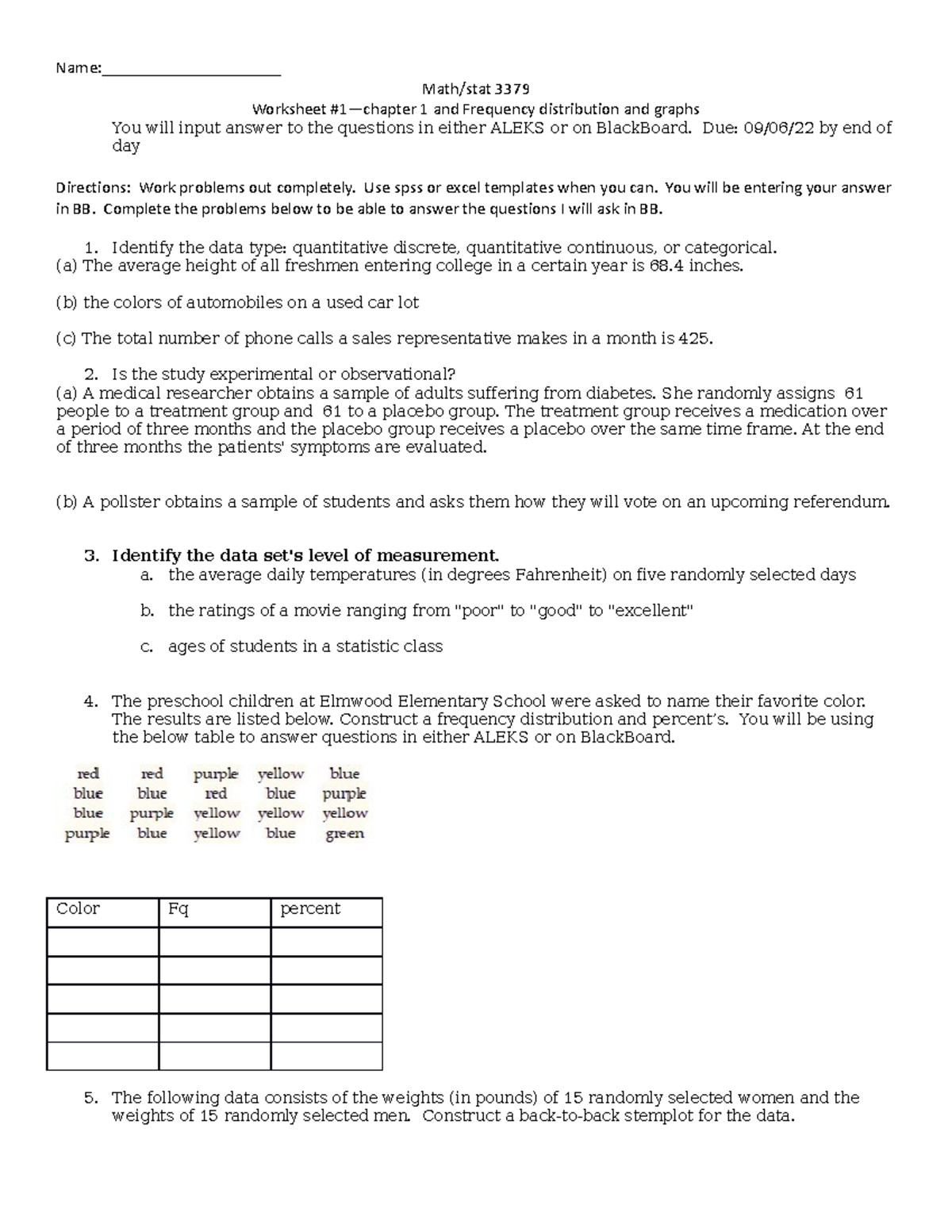 Worksheet 1 MATH - Name:_____________________ Math/stat 3379 Worksheet ...