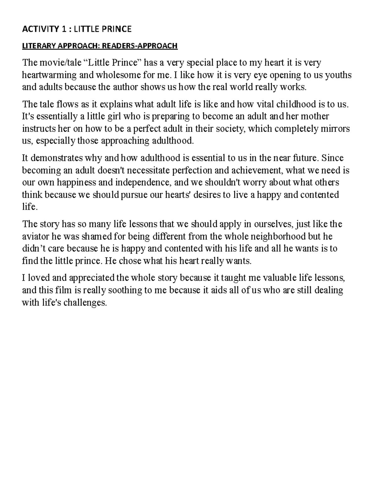 Activity 1 Little Prince - ACTIVITY 1 : LITTLE PRINCE LITERARY APPROACH ...