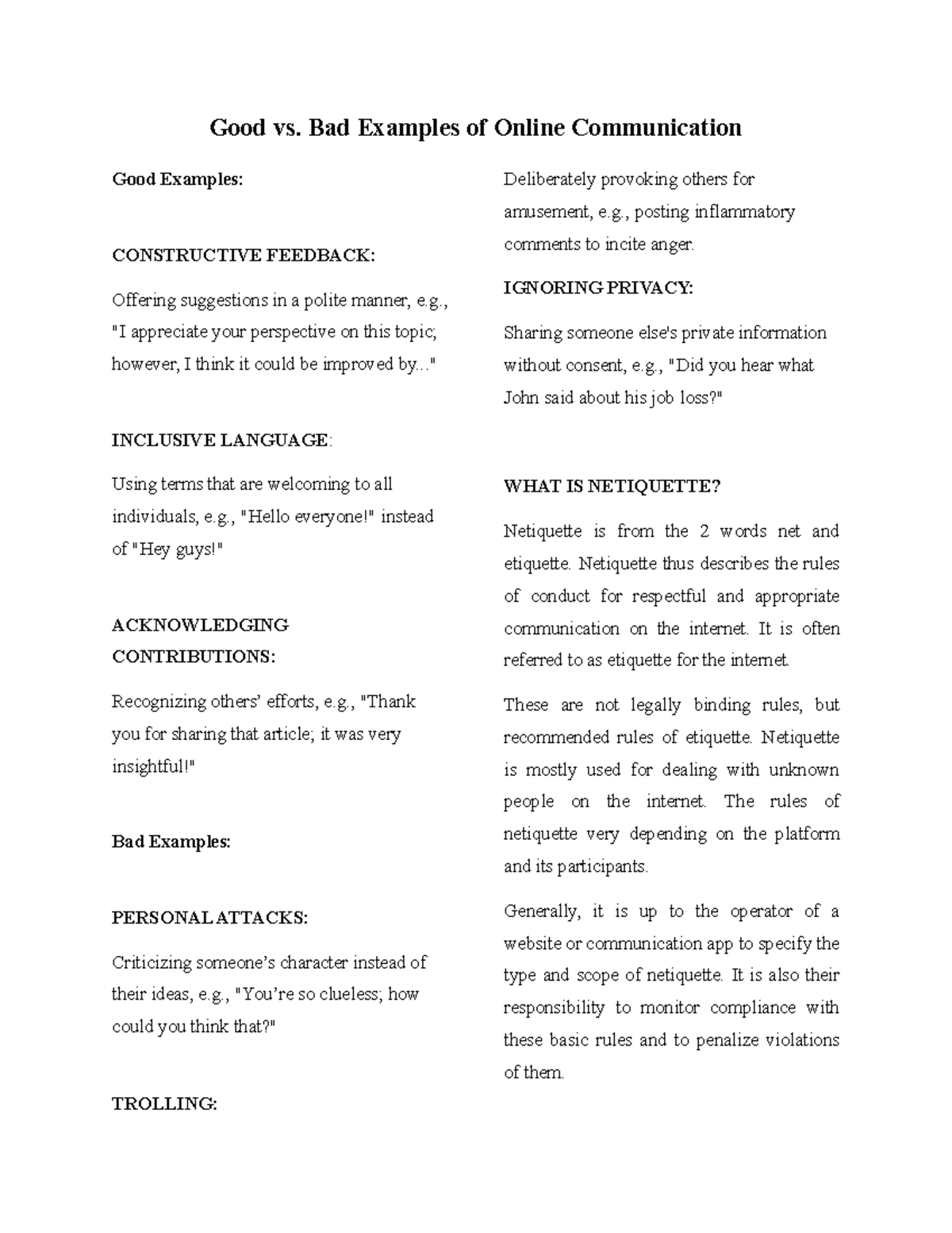 NETIQUETTE OR THE INTERNET ETIQUETTE - Good vs. Bad Examples of Online ...