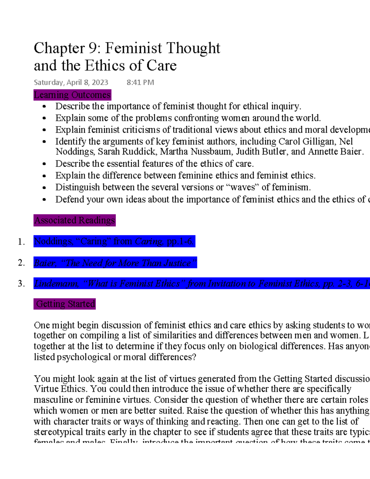 Chapter 9 Feminist Thought and the Ethics of Care - Learning Outcomes ...