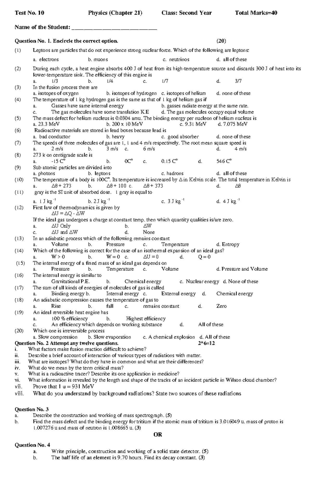 Test Chapter 21 - Notes - Test No. 10 Physics (Chapter 21) Class ...