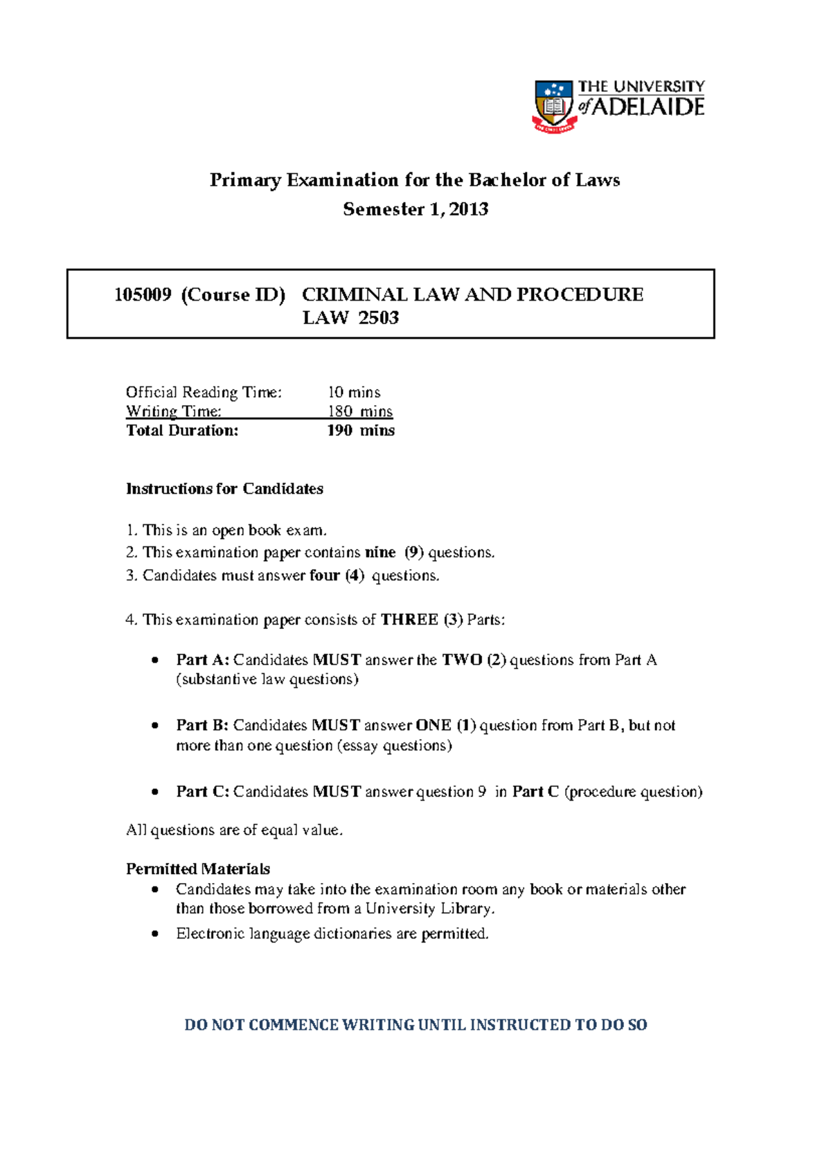 Criminal Law and Procedure Exam Semester 1, 2013 - Primary Examination ...