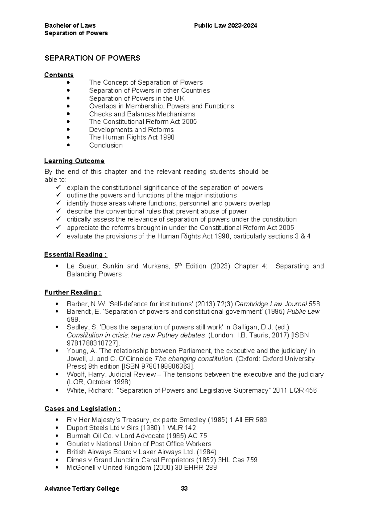 3 Separation OF Powers 33-50 - Separation of Powers SEPARATION OF POWERS Contents The Concept of ...