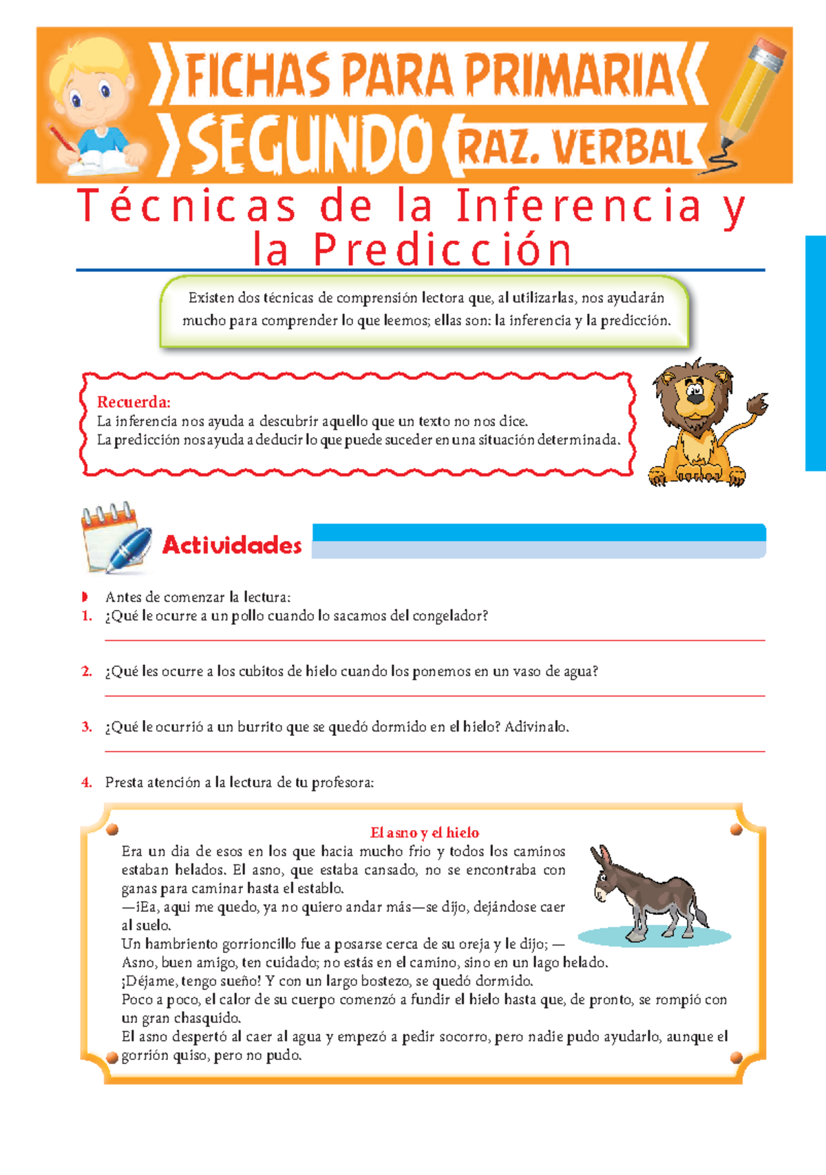 Técnicas de la Inferencia y la Predicción para Segundo de Primaria - El asno y el hielo Era un ...