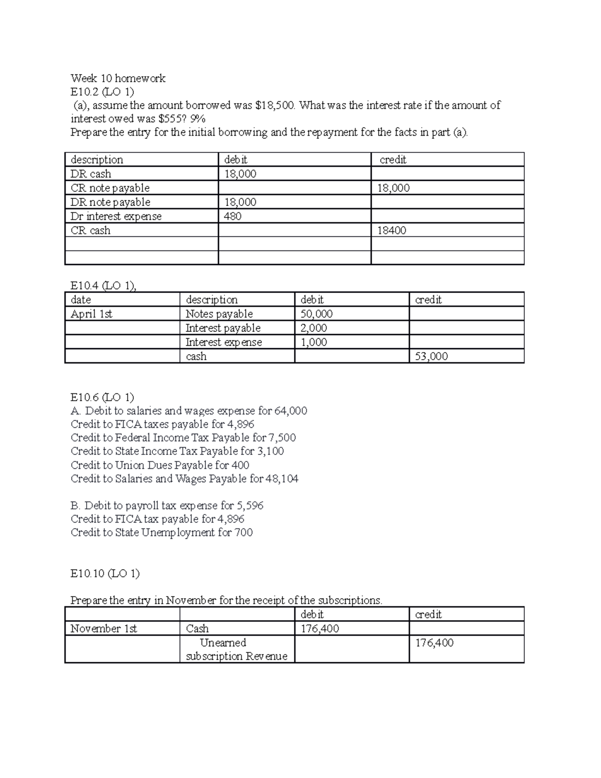 Week 10 homework - notes - Week 10 homework E10 (LO 1) (a), assume the ...