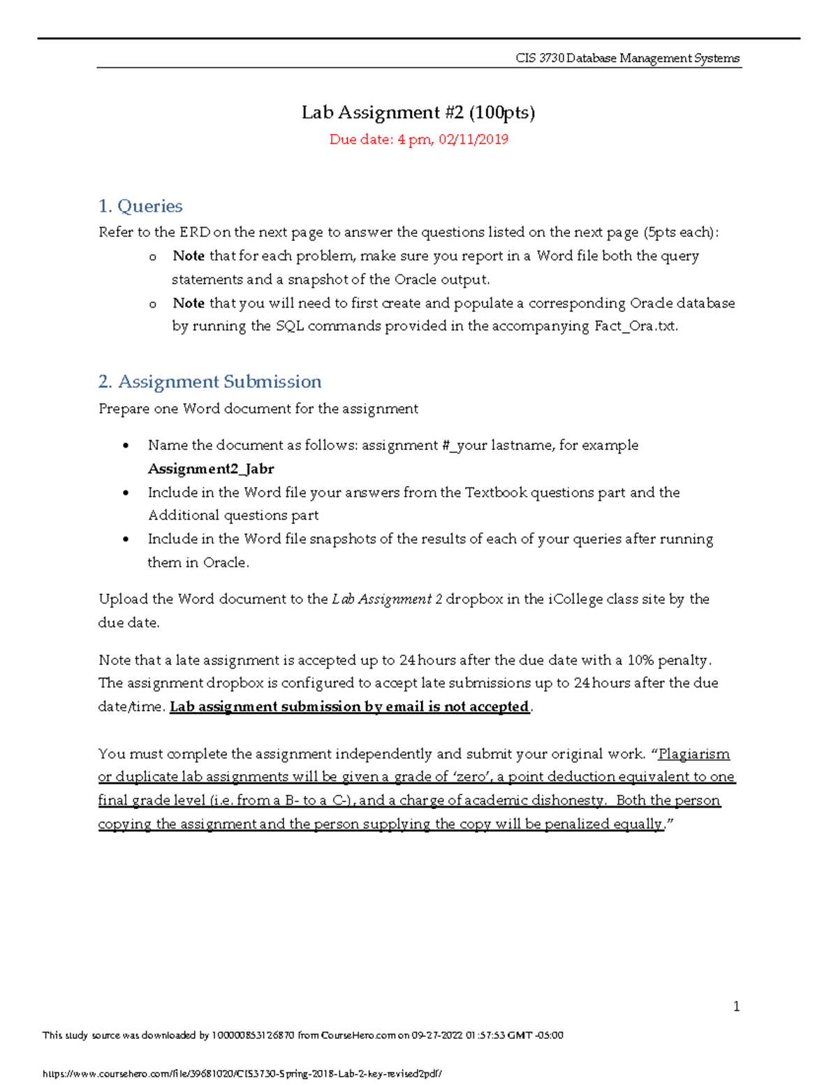 CIS3730 Spring 2018 Lab 2 key revised 2 - 1 Lab Assignment #2 (100pts ...