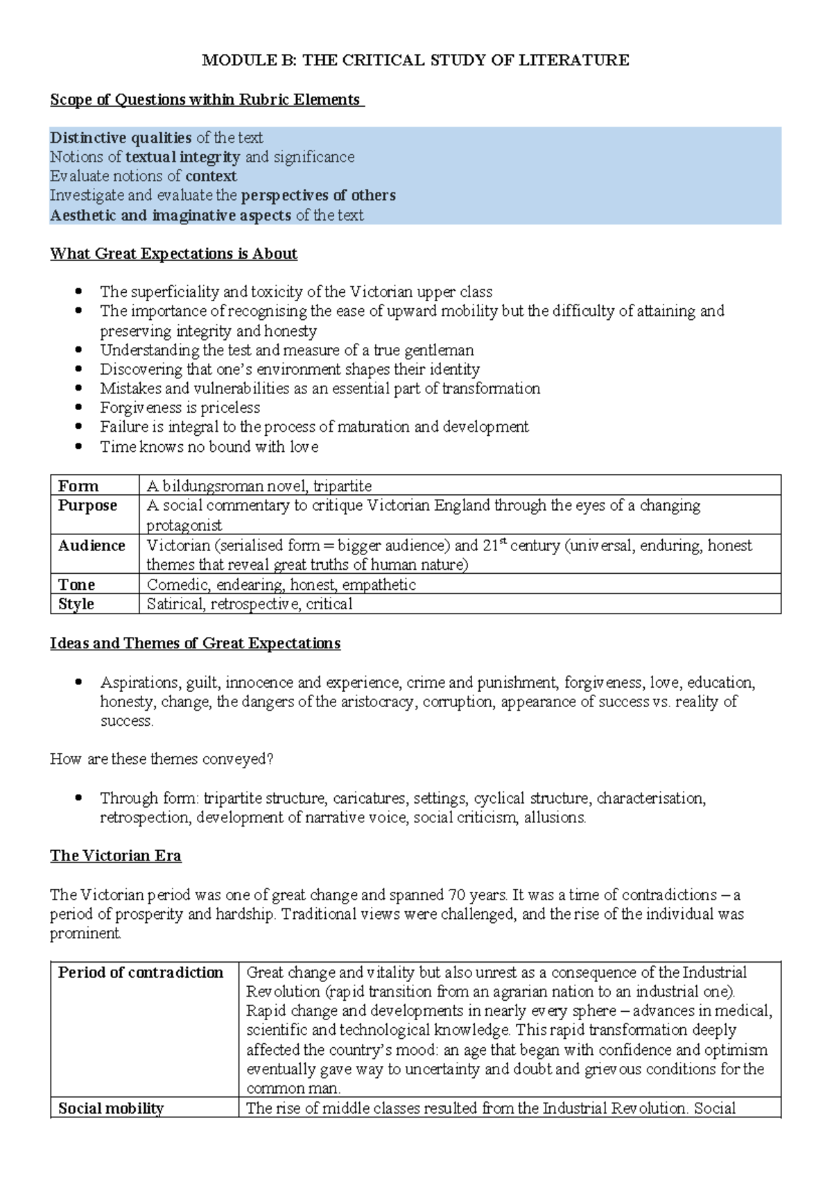 Module B - Great Expectations Notes and Quotes - MODULE B: THE CRITICAL ...