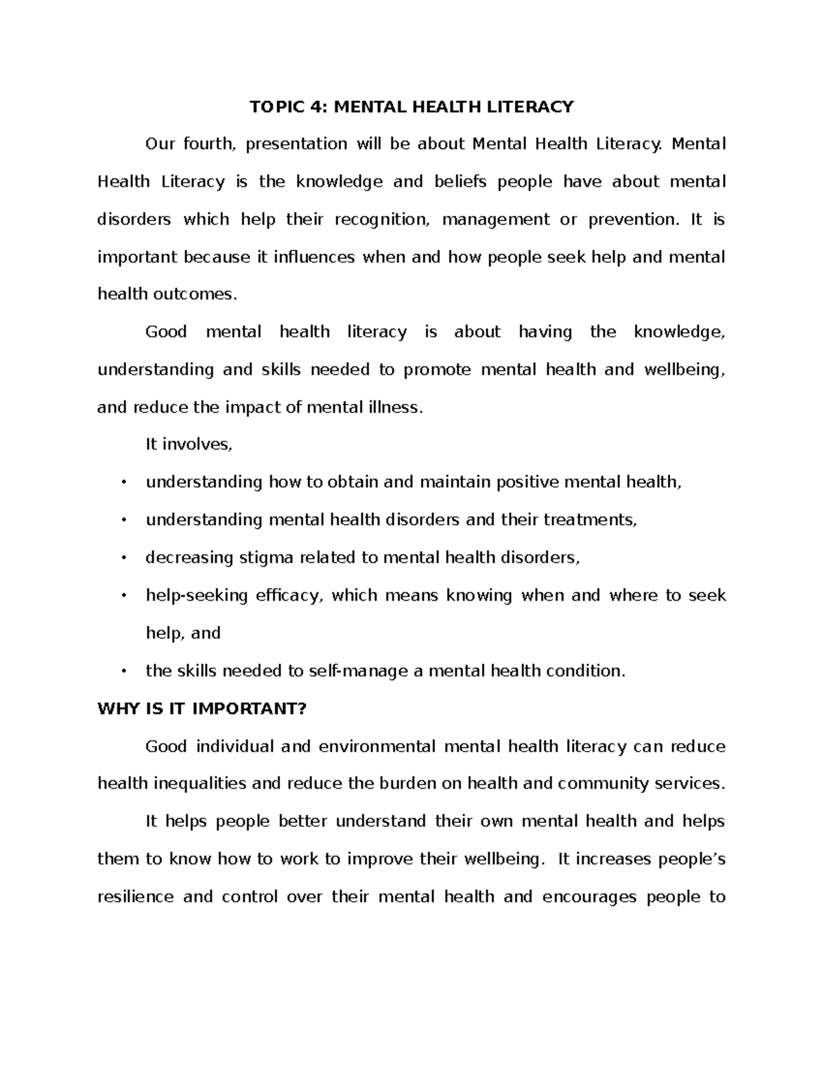 Mental Health Literacy Manuscript - TOPIC 4: MENTAL HEALTH LITERACY Our ...