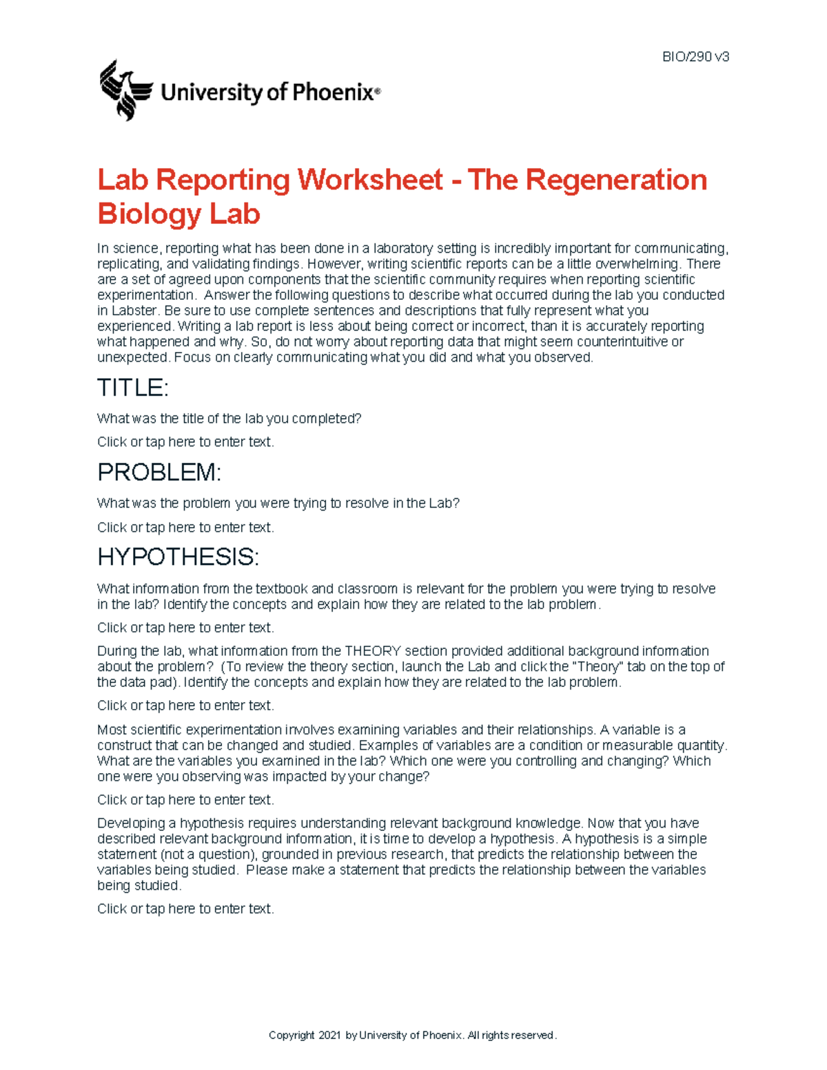 Bio290 v3 wk3 the regeneration biology lab - BIO/290 v Lab Reporting Worksheet - The ...