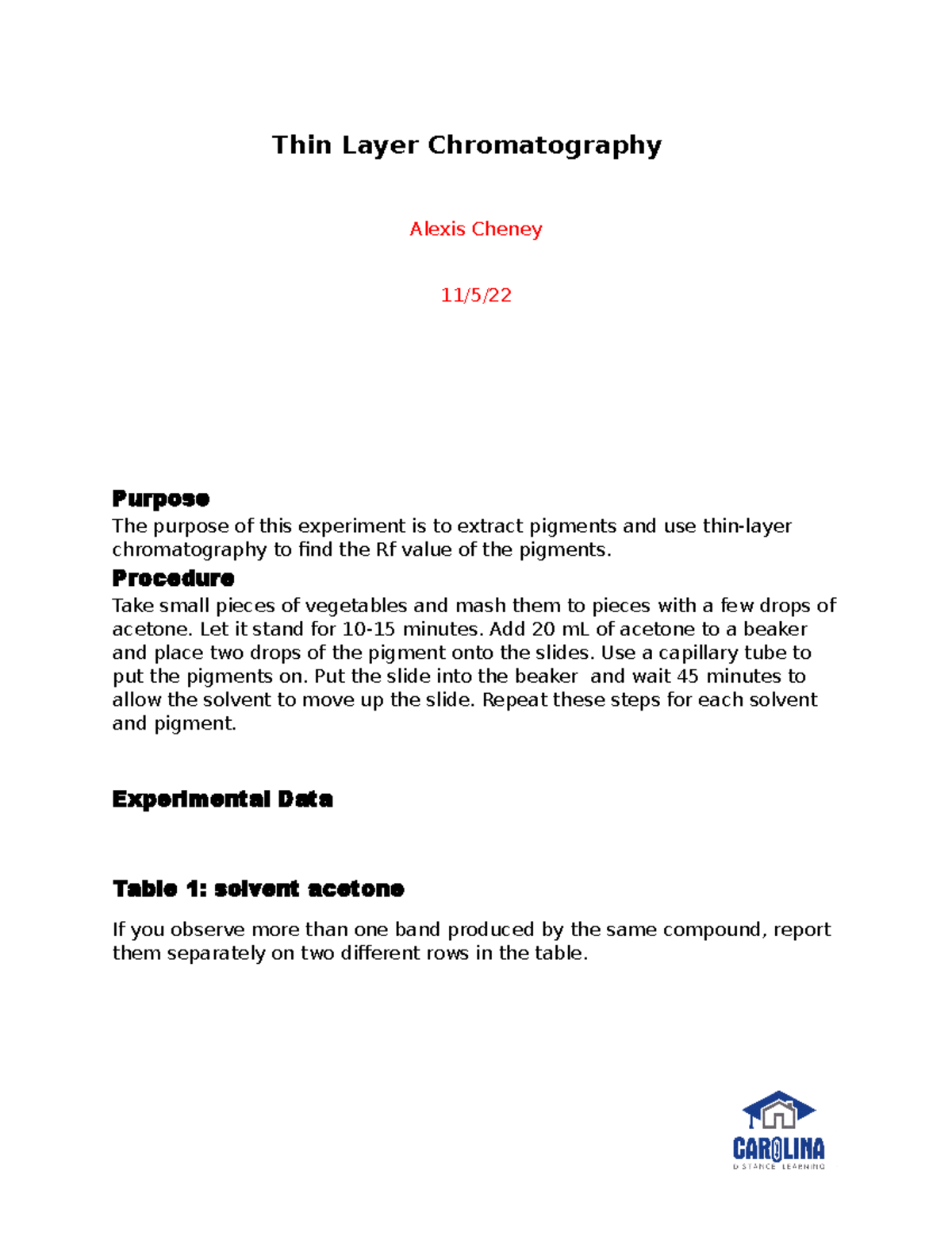 ACheney M2 Lab3 - Lab - Thin Layer Chromatography Alexis Cheney 11/5/ P ...