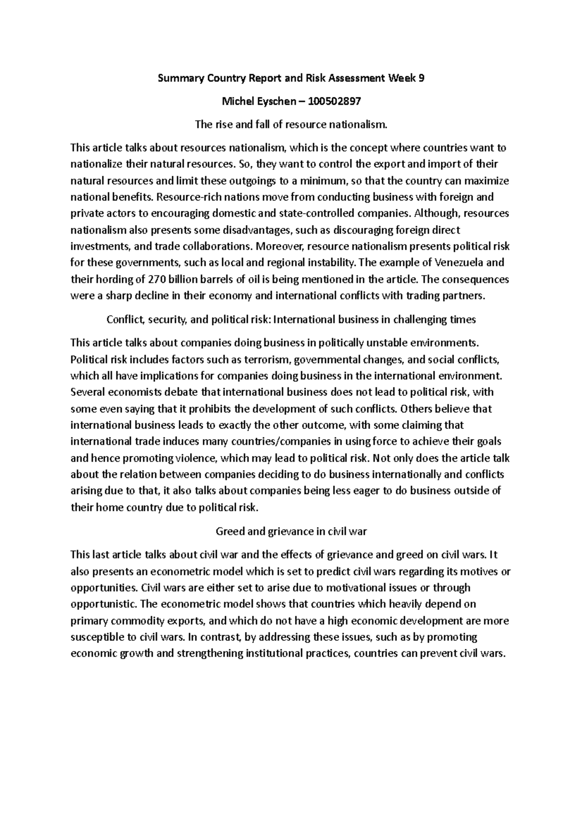 Summary Week 9 Country Report and Risk Assessment - Summary Country ...