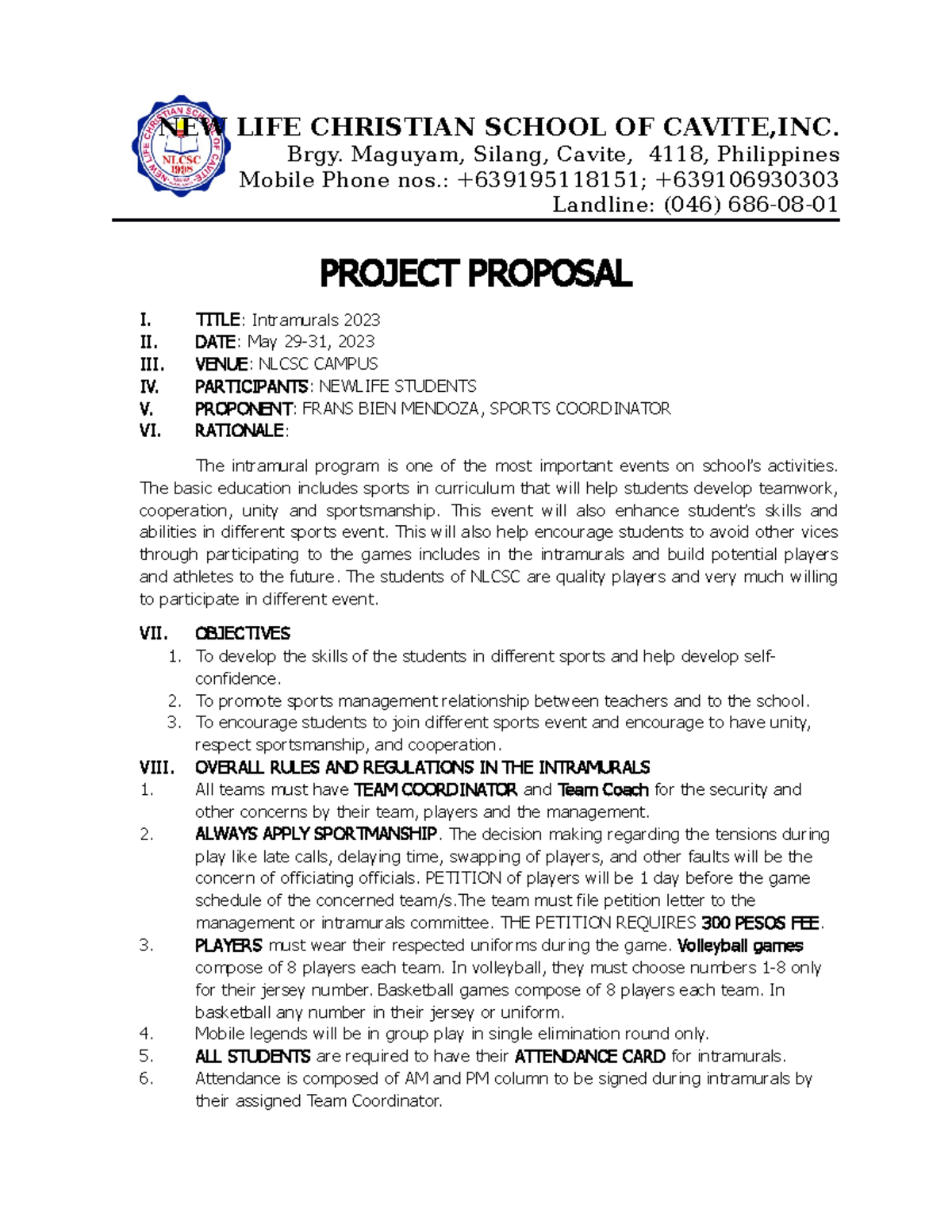 Project Proposal - Very good content - NEW LIFE CHRISTIAN SCHOOL OF ...