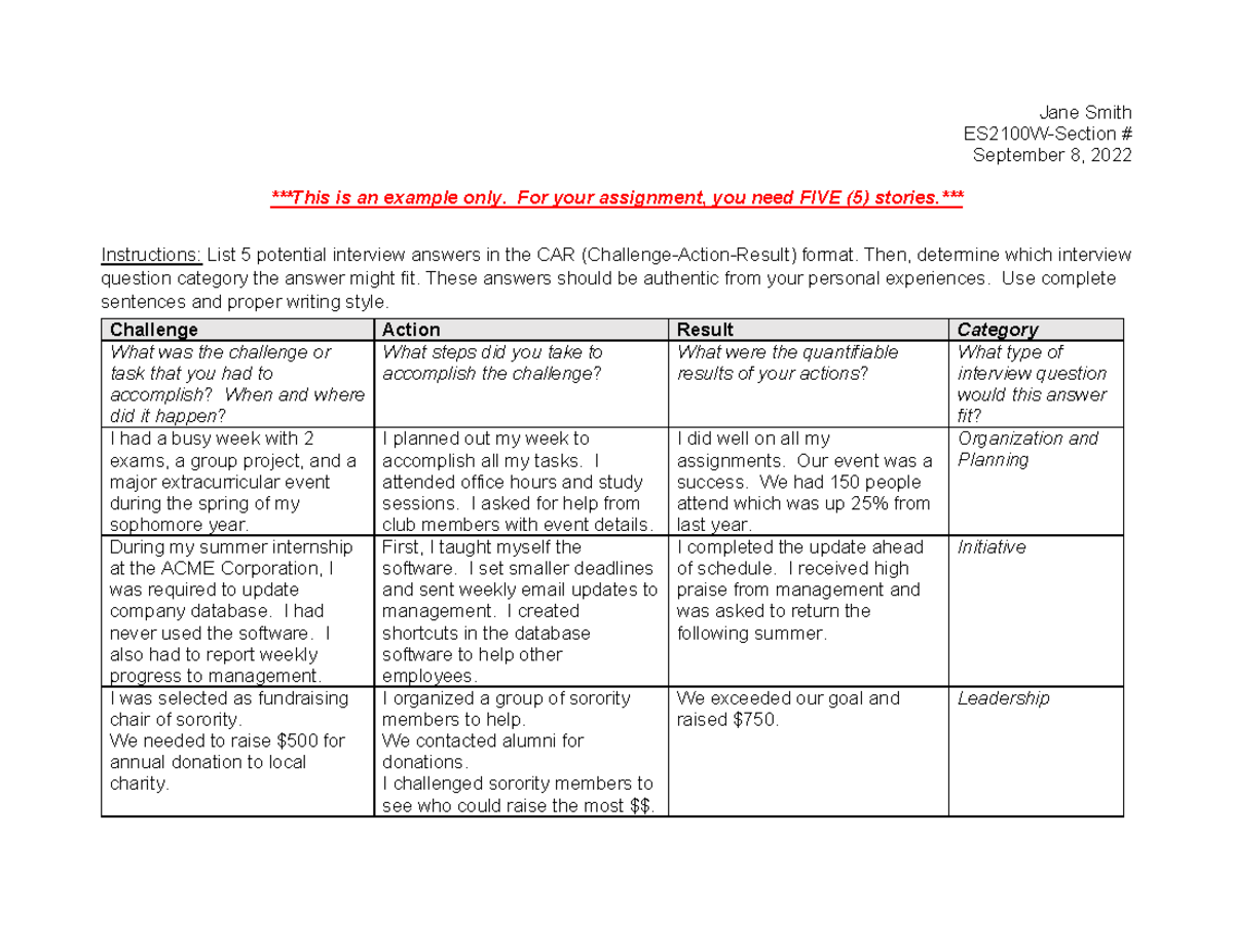 Interview Chart Fall 2022 - Jane Smith ES2100W-Section # September 8 ...