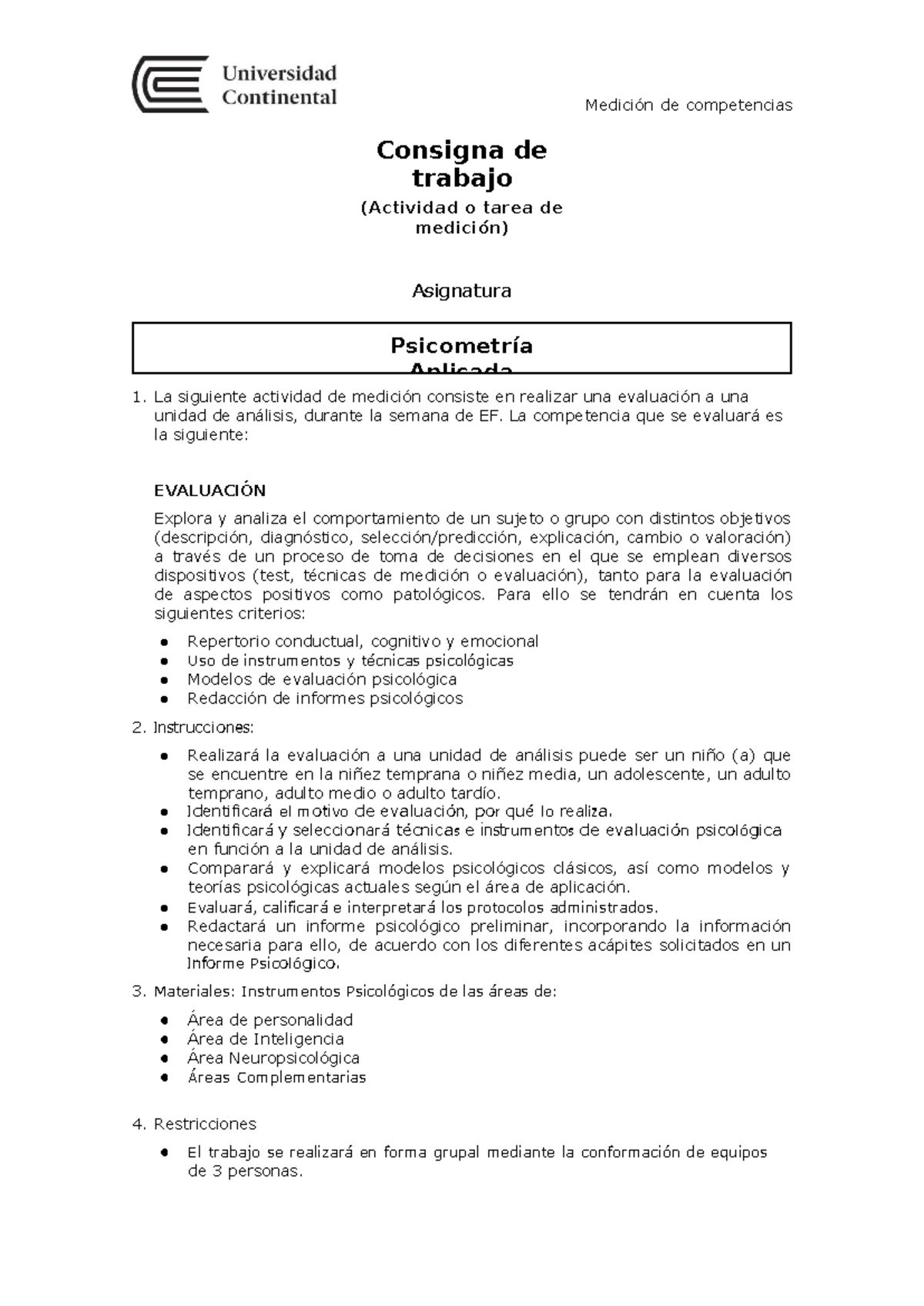 Consigna - Psicometría Aplicada Medición de competencias Consigna de trabajo (Actividad o tarea ...