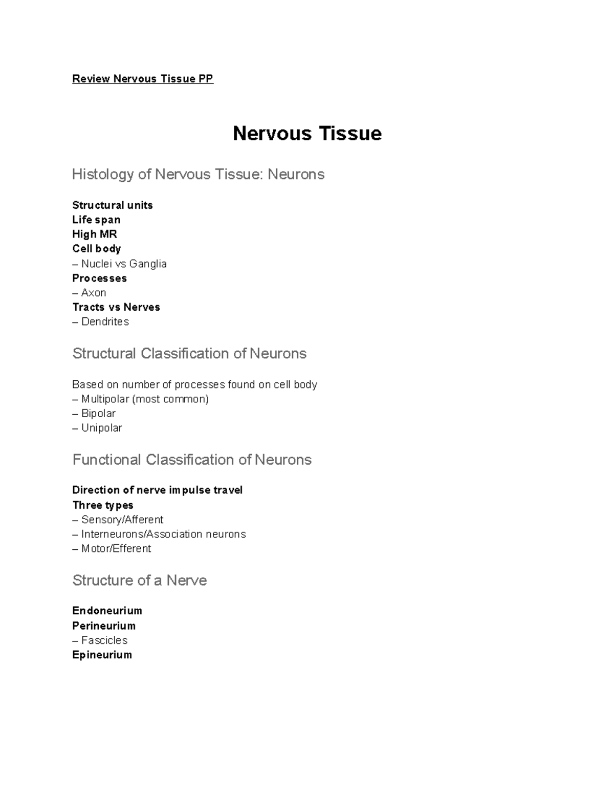 Anatomy Week 7 - n/a - Review Nervous Tissue PP Nervous Tissue ...