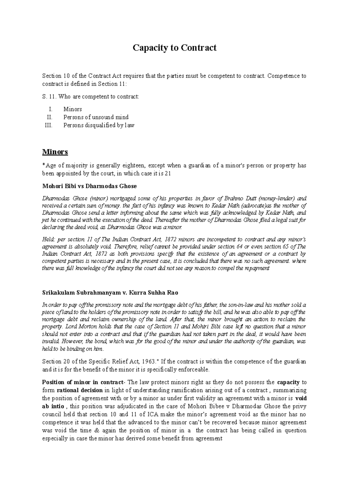 Contract tutorial - Very concise notes - Capacity to Contract Section ...