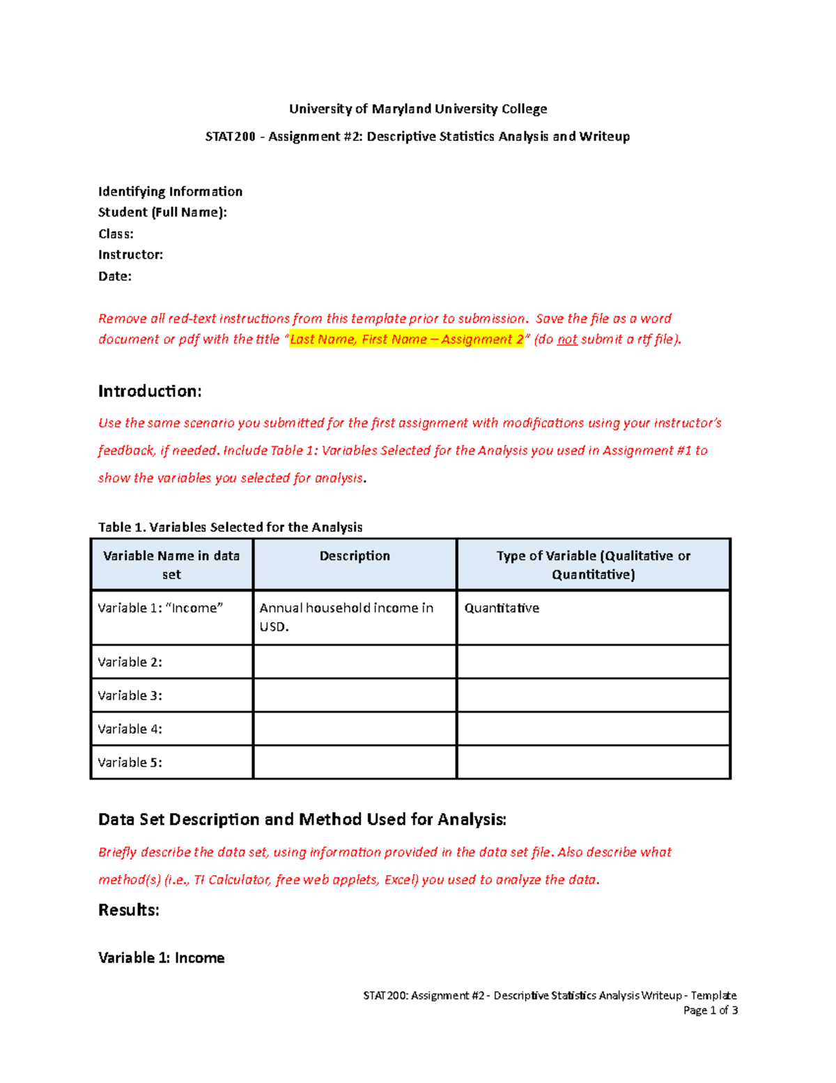 Assignment #2 Template - Descriptive Statistics Data Analysis - University of Maryland ...