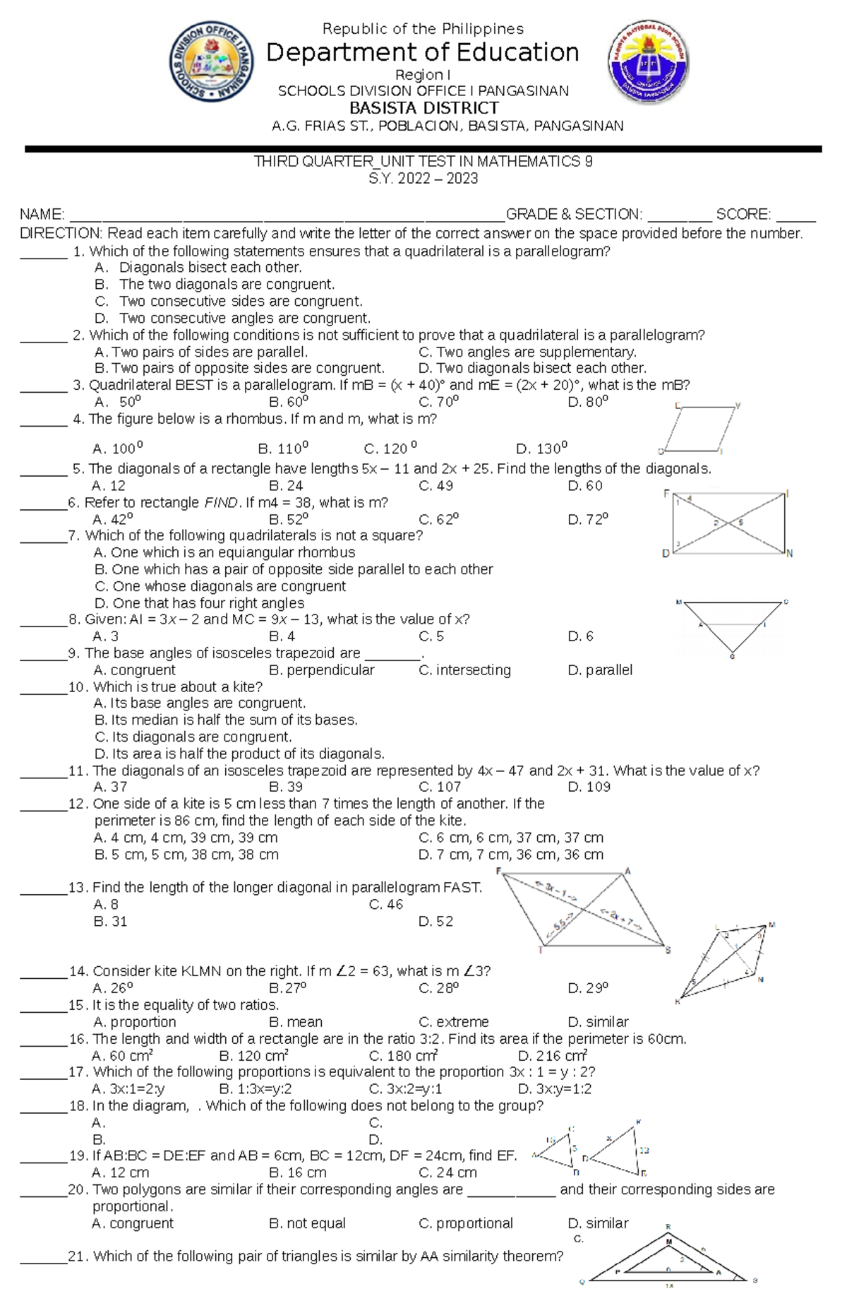 Q3 MATH-9-UNIT-TEST - Republic of the Philippines Department of ...