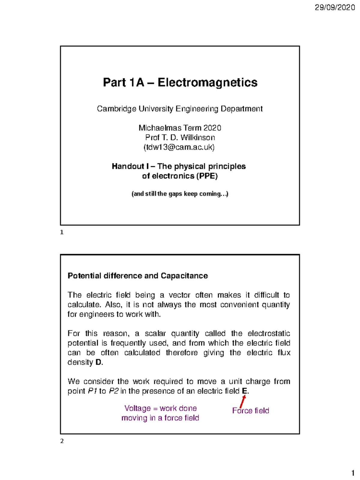 L05 Voltage And Capacitance Part 1a Electromagnetics Cambridge