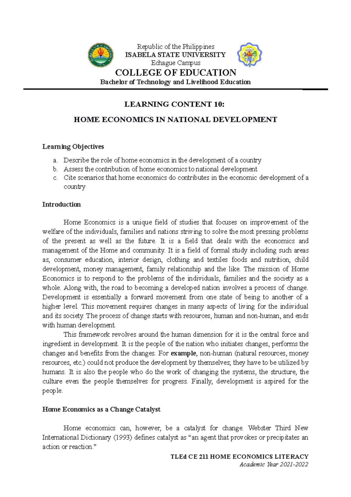 LM#10 211 HOME Economics Literacy - Republic of the Philippines ISABELA ...