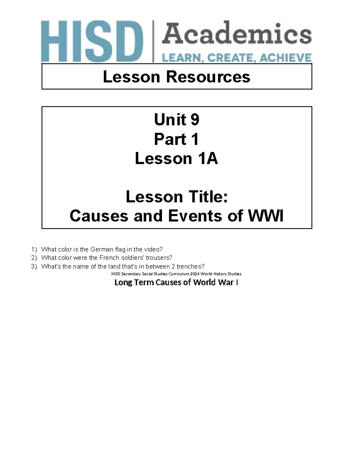 WW1 Causes - all - Lesson Resources Unit 9 Part 1 Lesson 1A Lesson ...
