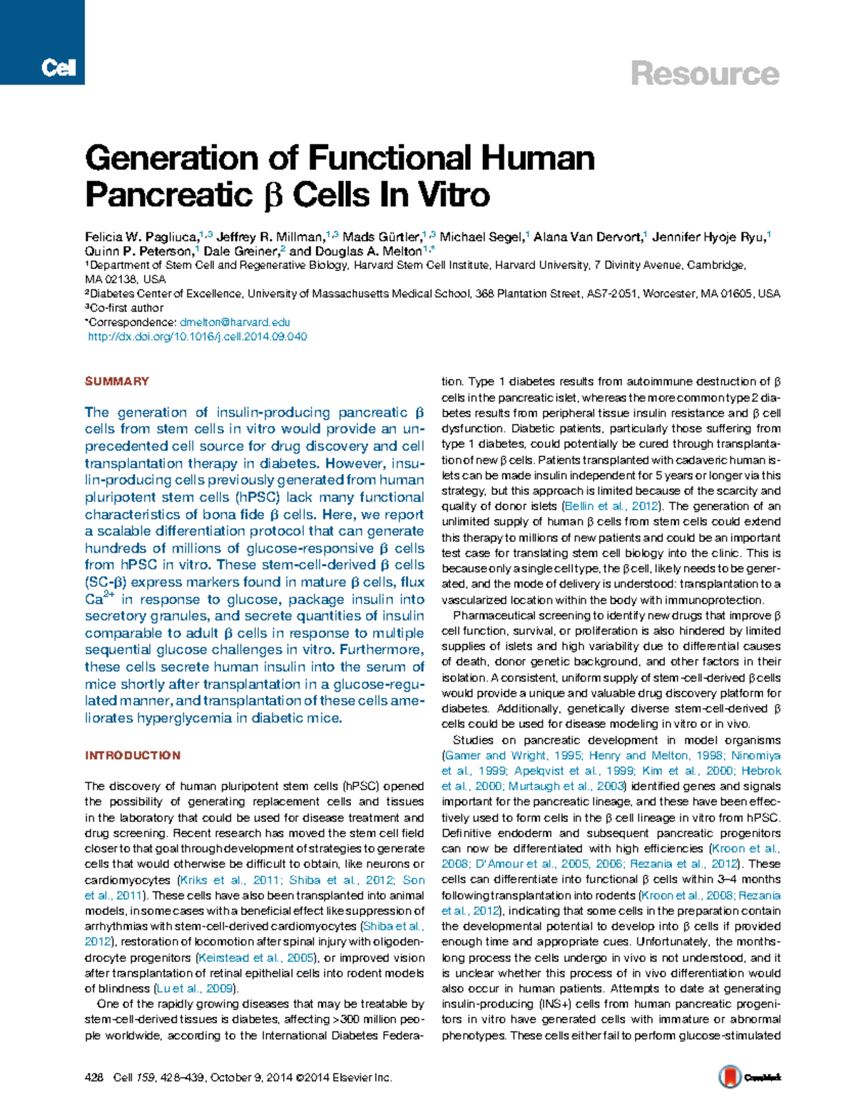 Pagliuca et al. How to make a pancreas - Resource Generation of Functional Human Pancreatic b ...
