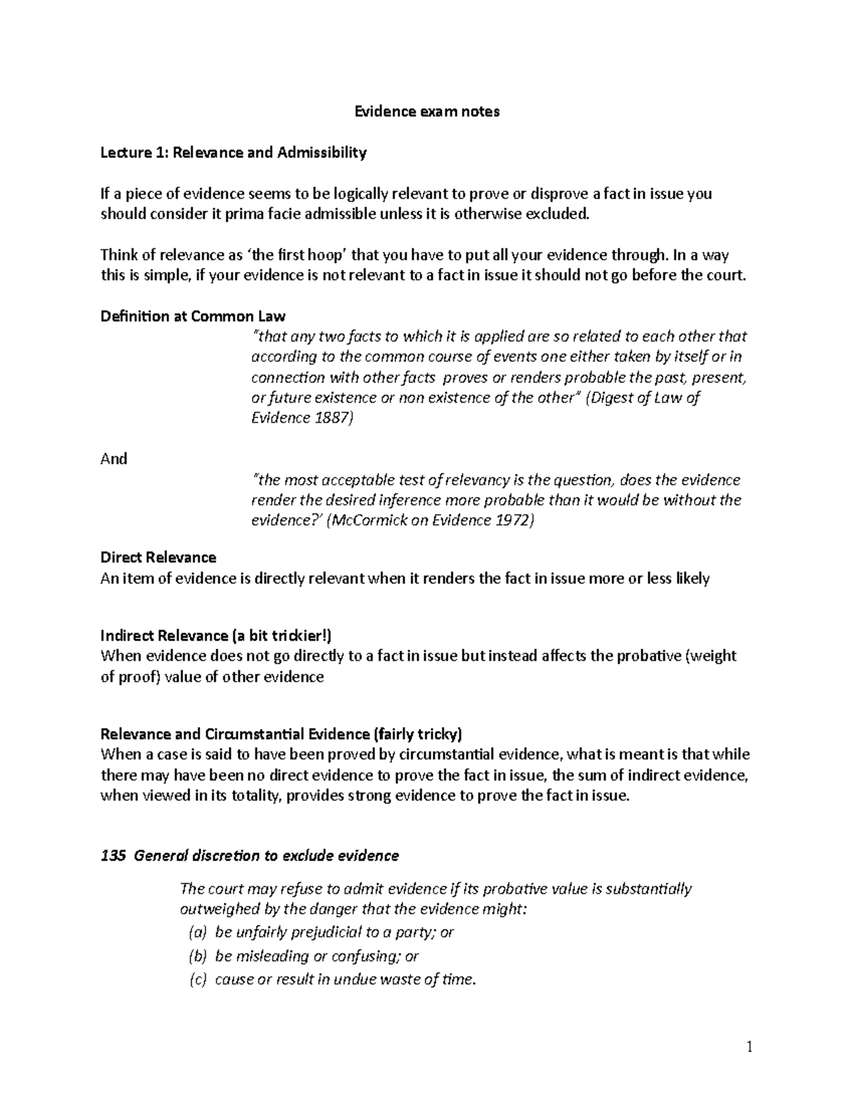 Evidence exam notes - Evidence exam notes Lecture 1: Relevance and ...