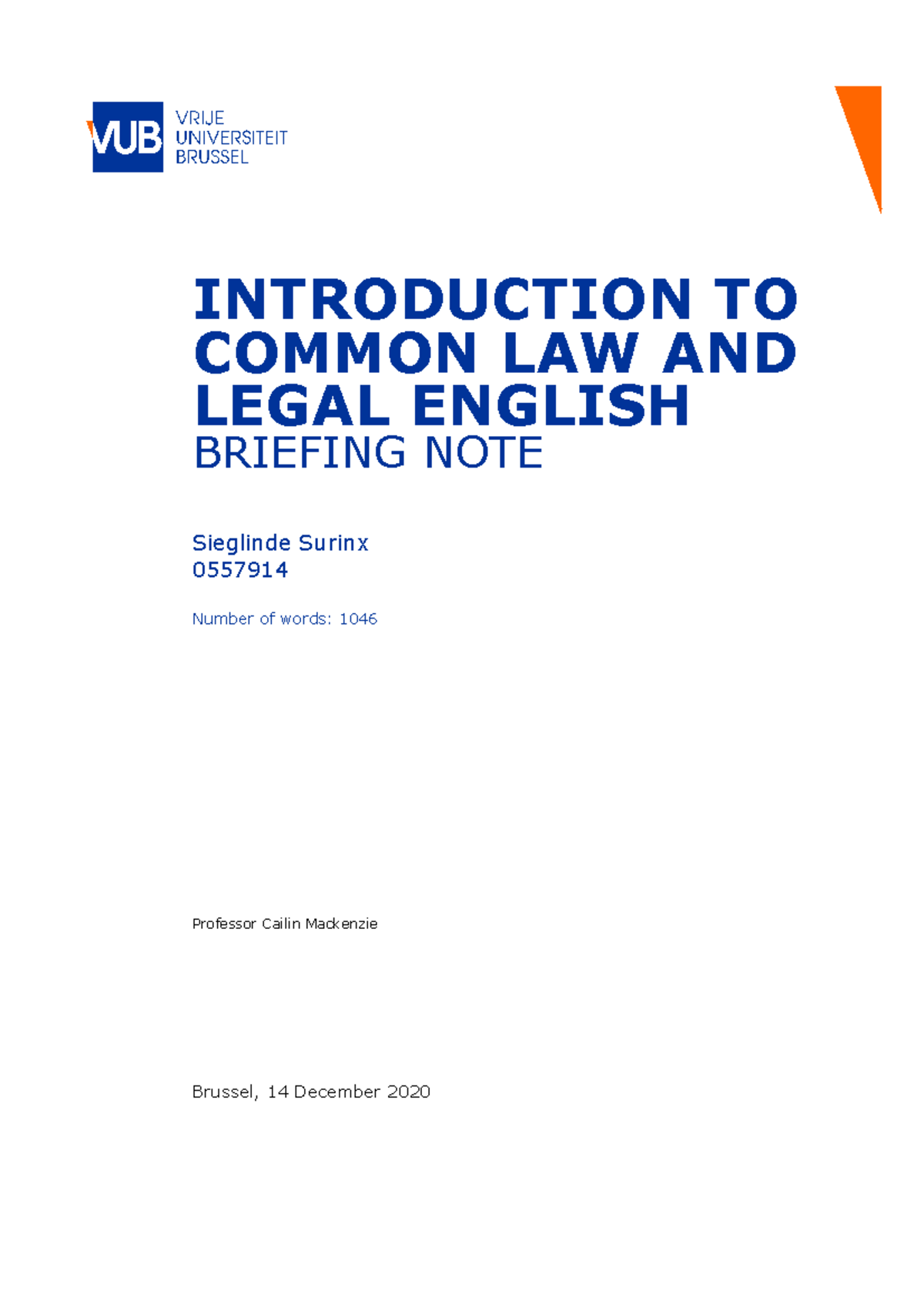 Briefing note academiejaar 20/21 - INTRODUCTION TO COMMON LAW AND LEGAL ...