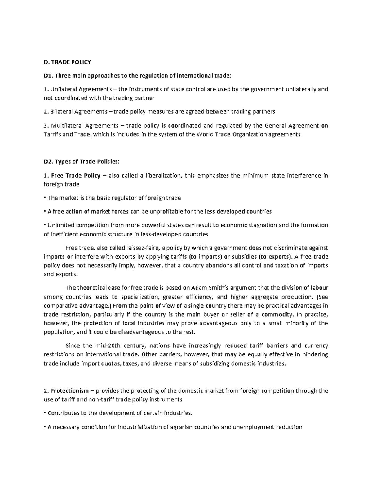 Econ Finals (edited)-14-16 - D. TRADE POLICY D1. Three main approaches ...