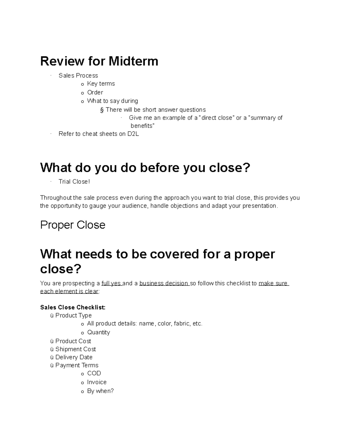 Chapter 11: Closing Techniques - Review for Midterm · Sales Process o ...